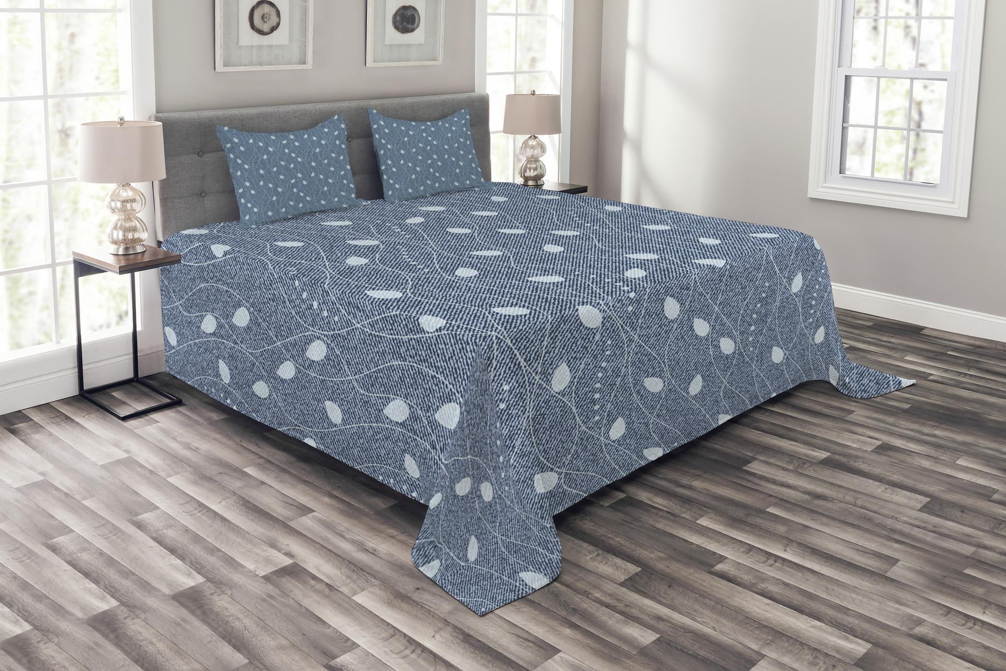 Ambesonne Leaves Quilted Bedspread Set 3 Pcs, Branches over Denim, King ...