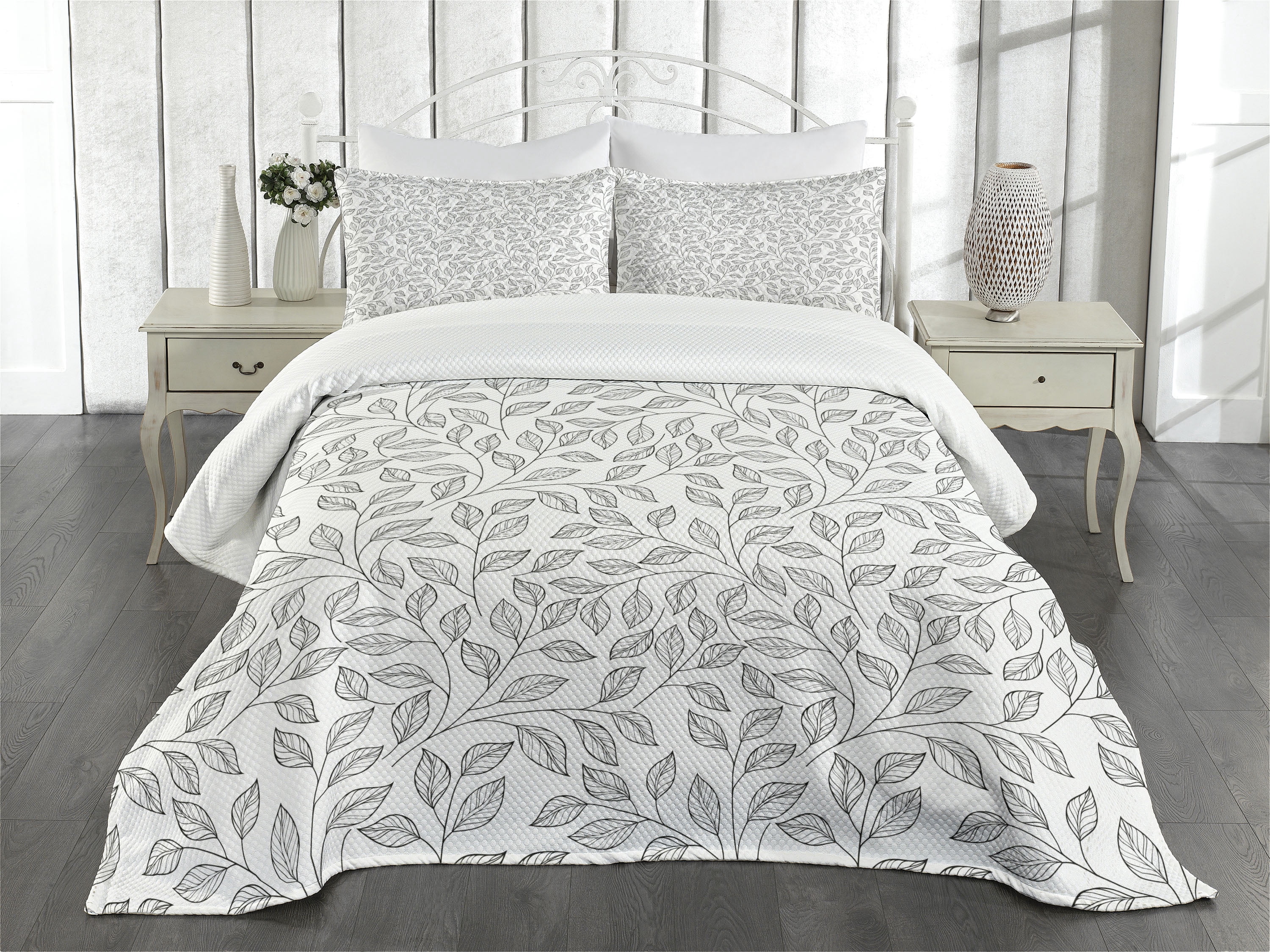 Ambesonne Leaves Quilted Bedspread Set 3 Pcs, Monochrome Floral Rustic ...