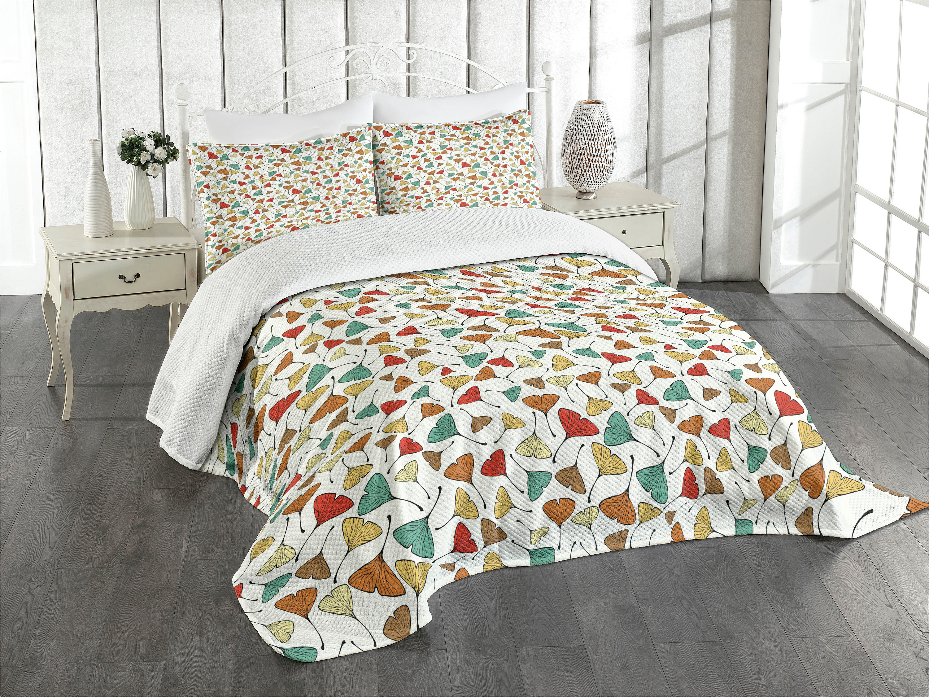 Ambesonne Leaves Quilted Bedspread Set 3 Pcs, Sketch Art Ginkgo Biloba ...