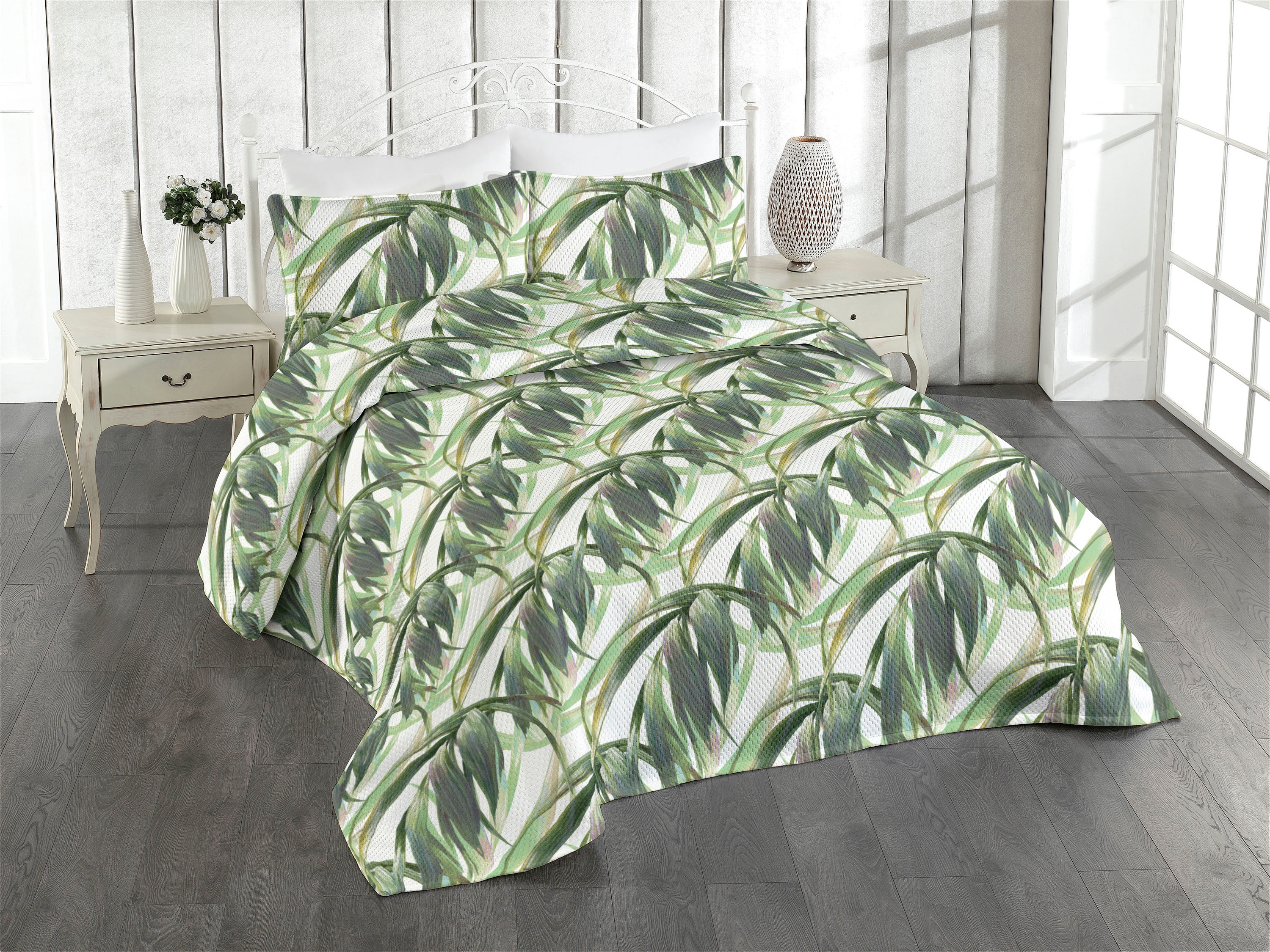 Ambesonne Leaves Quilted Bedspread Set 3 Pcs, Tropical Exotic Leaf ...