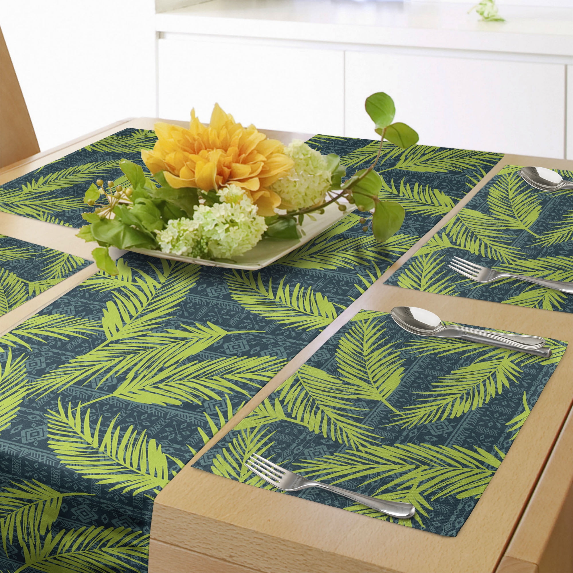 Ambesonne Leaves Table Runner & Placemats, Palms on Aztec Background ...