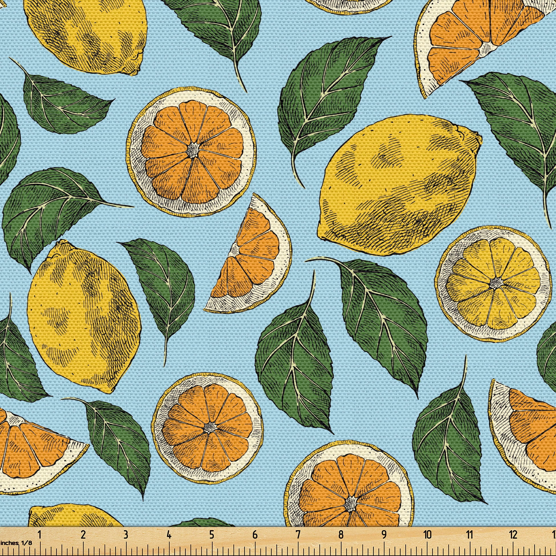 Ambesonne Lemon Fabric by the Yard Upholstery, Sour Fruit and Leaves ...
