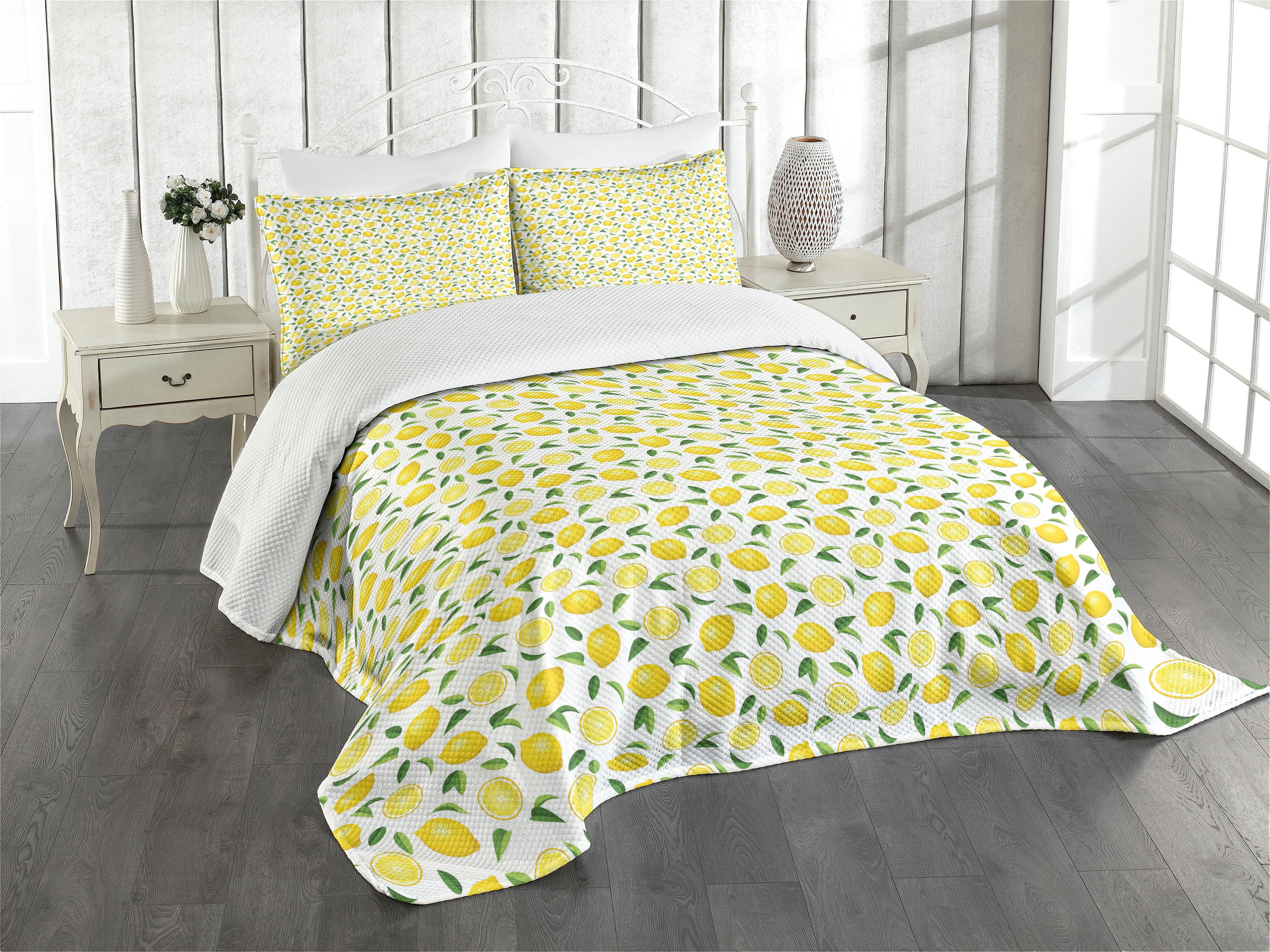 Ambesonne Lemon Quilted Bedspread Set 3 Pcs, Fruit Art Lemons and ...