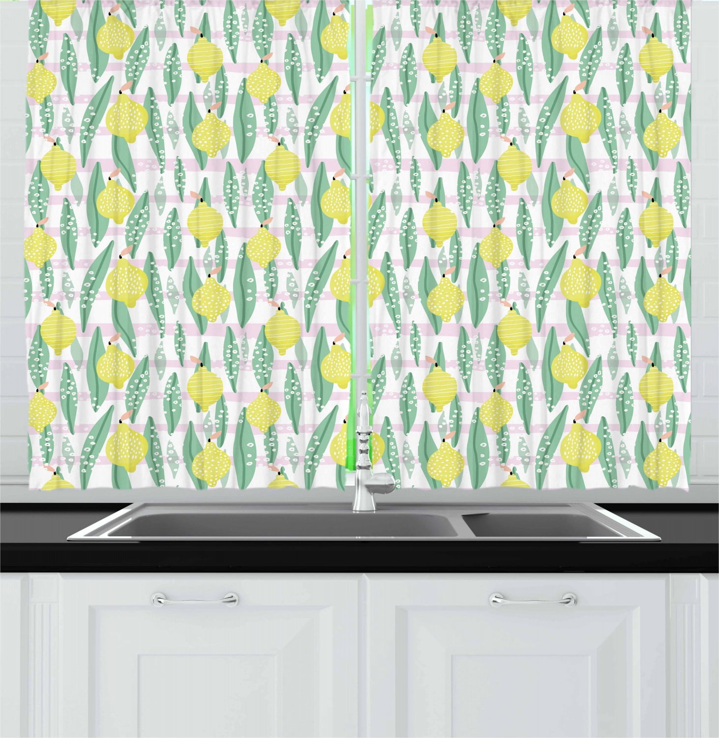 Ambesonne Lemons Kitchen Curtains, Lemon Leaves, 55"x39", Sea Green ...