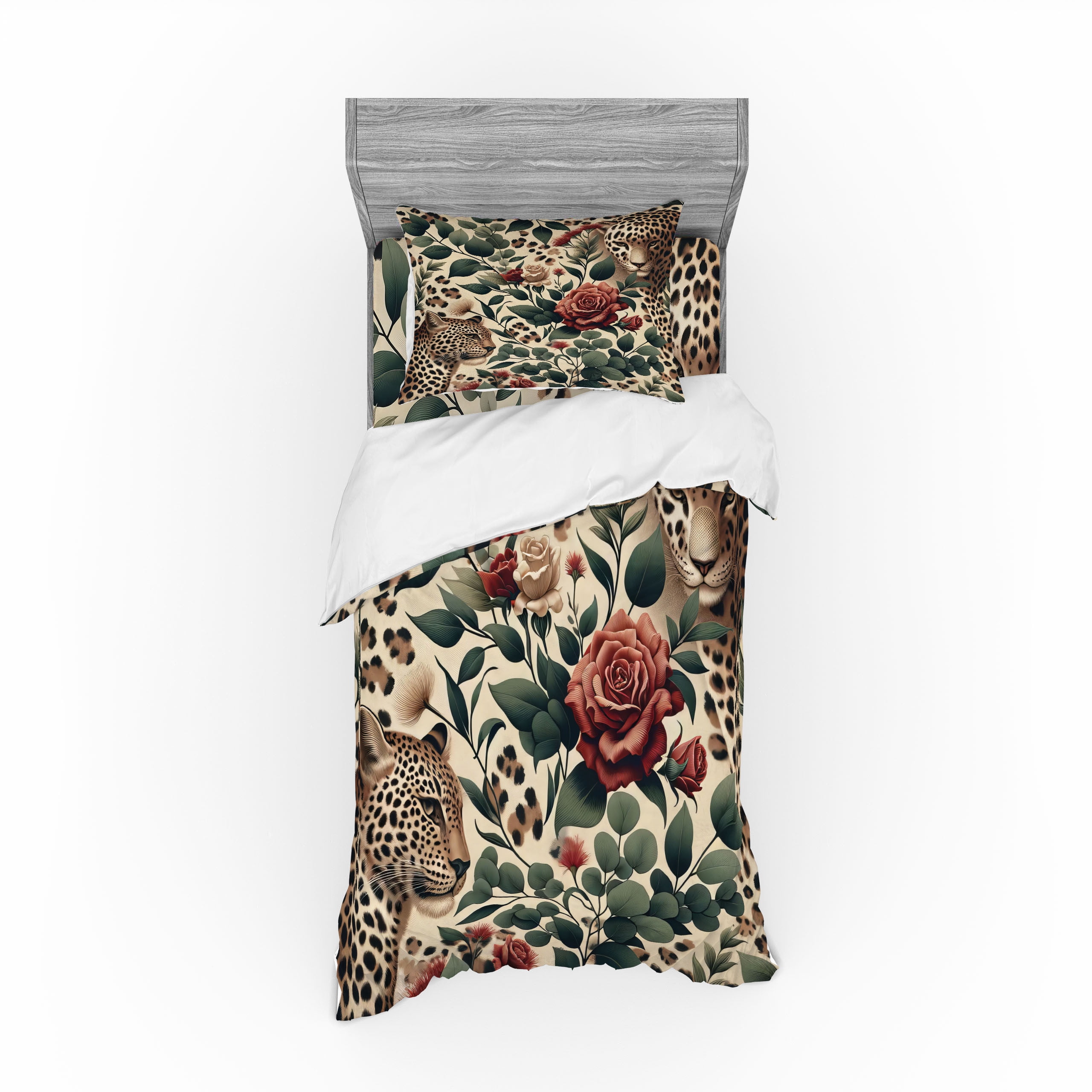Ambesonne Leopard Bedding Set 3 Pcs, Roses Leaves Wild Animals, TwinXL ...