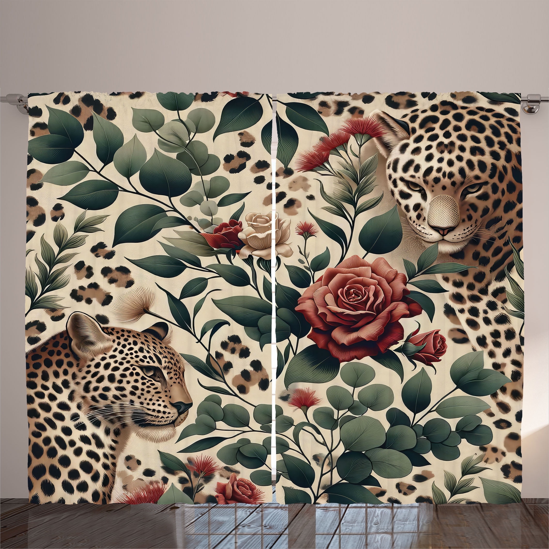 Ambesonne Leopard Curtains 2 Panel Set, Roses Leaves Wild Animals, 108 ...
