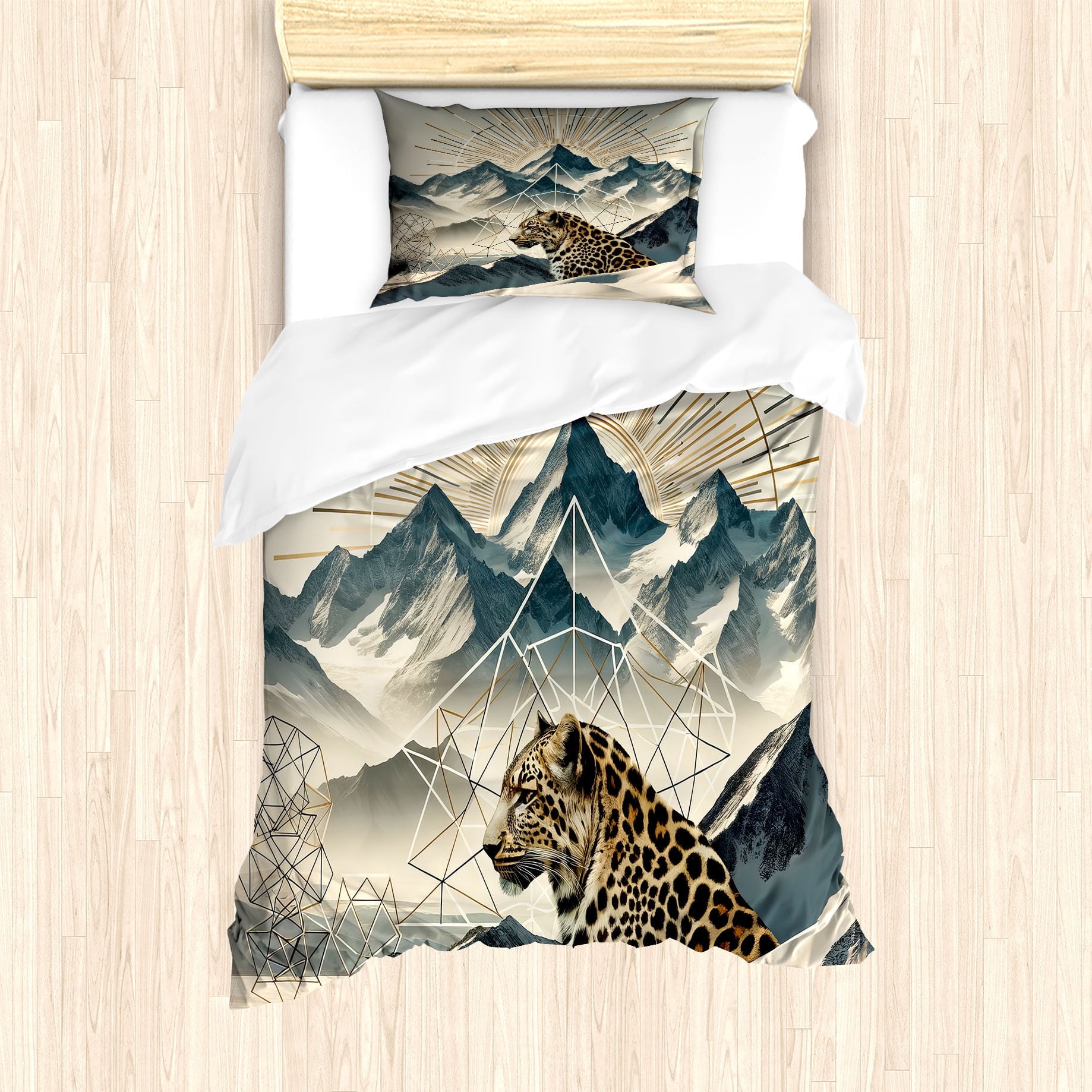 Ambesonne Leopard Duvet Cover Set, Boho Mountains and Wild Cat, Twin ...