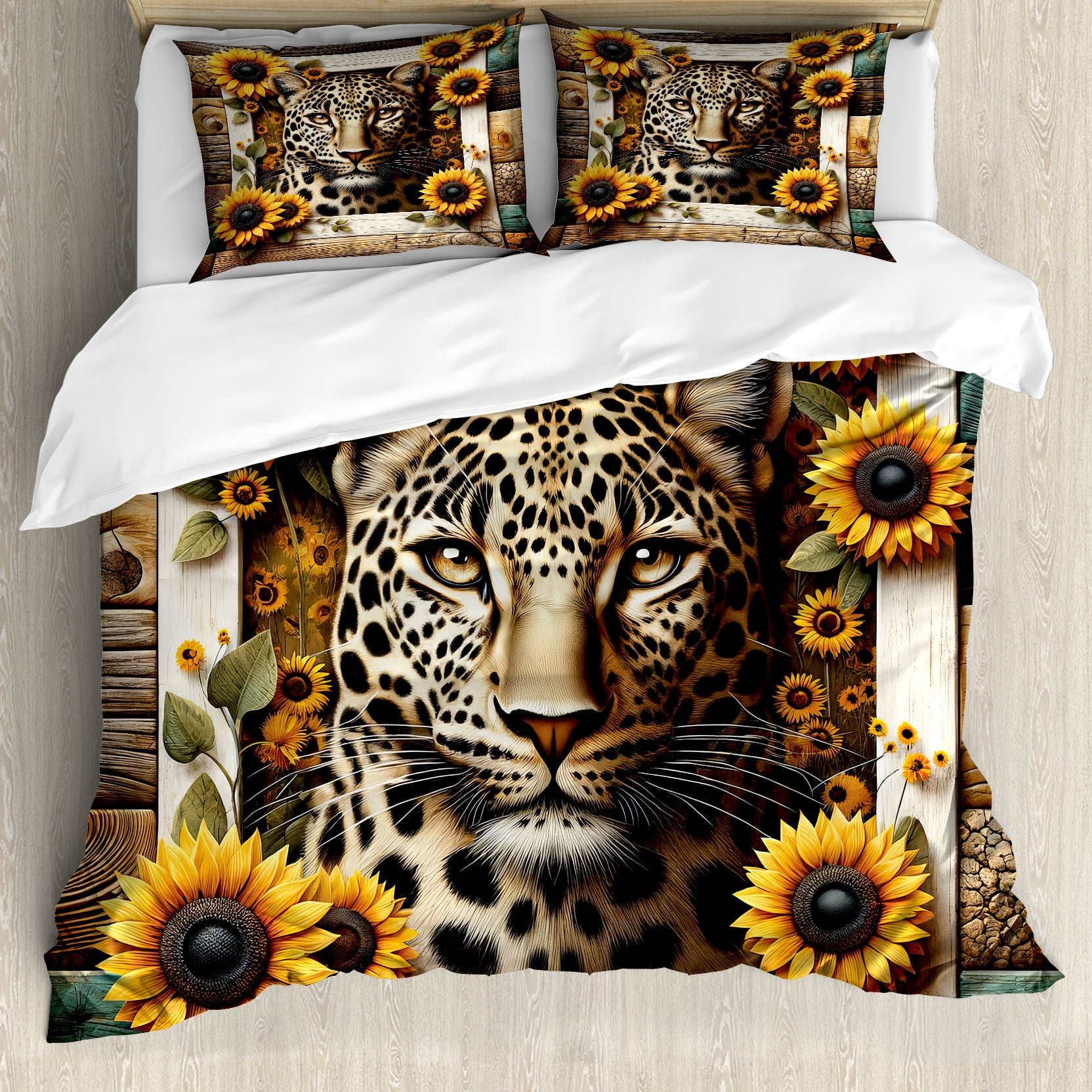 Ambesonne Leopard Duvet Cover Set, Farmhouse Sunflowers Rustic, Queen ...