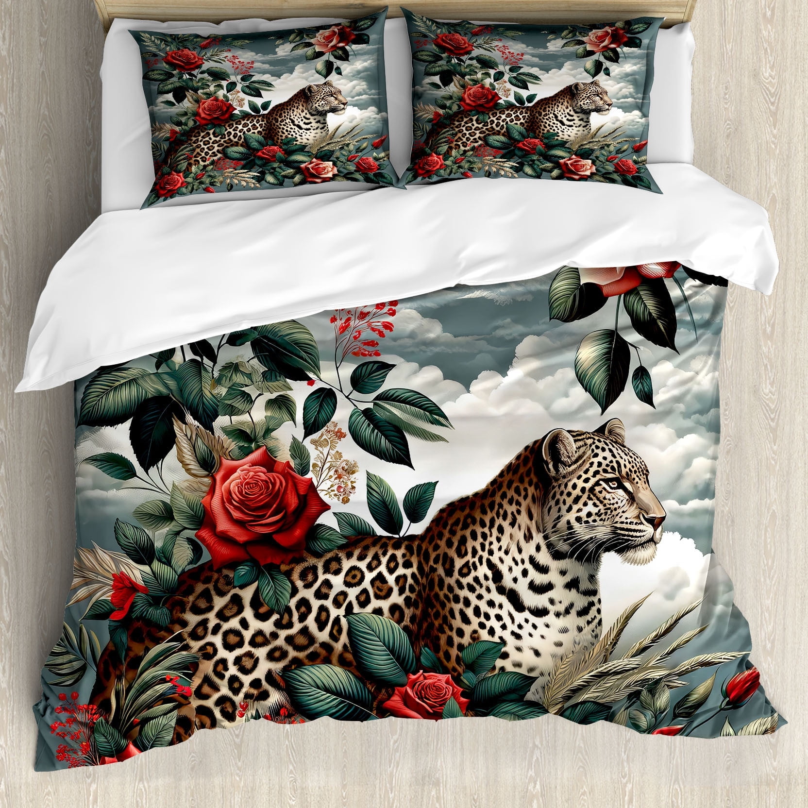 Ambesonne Leopard Duvet Cover Set, Roses Wild Animal on Clouds, Queen ...