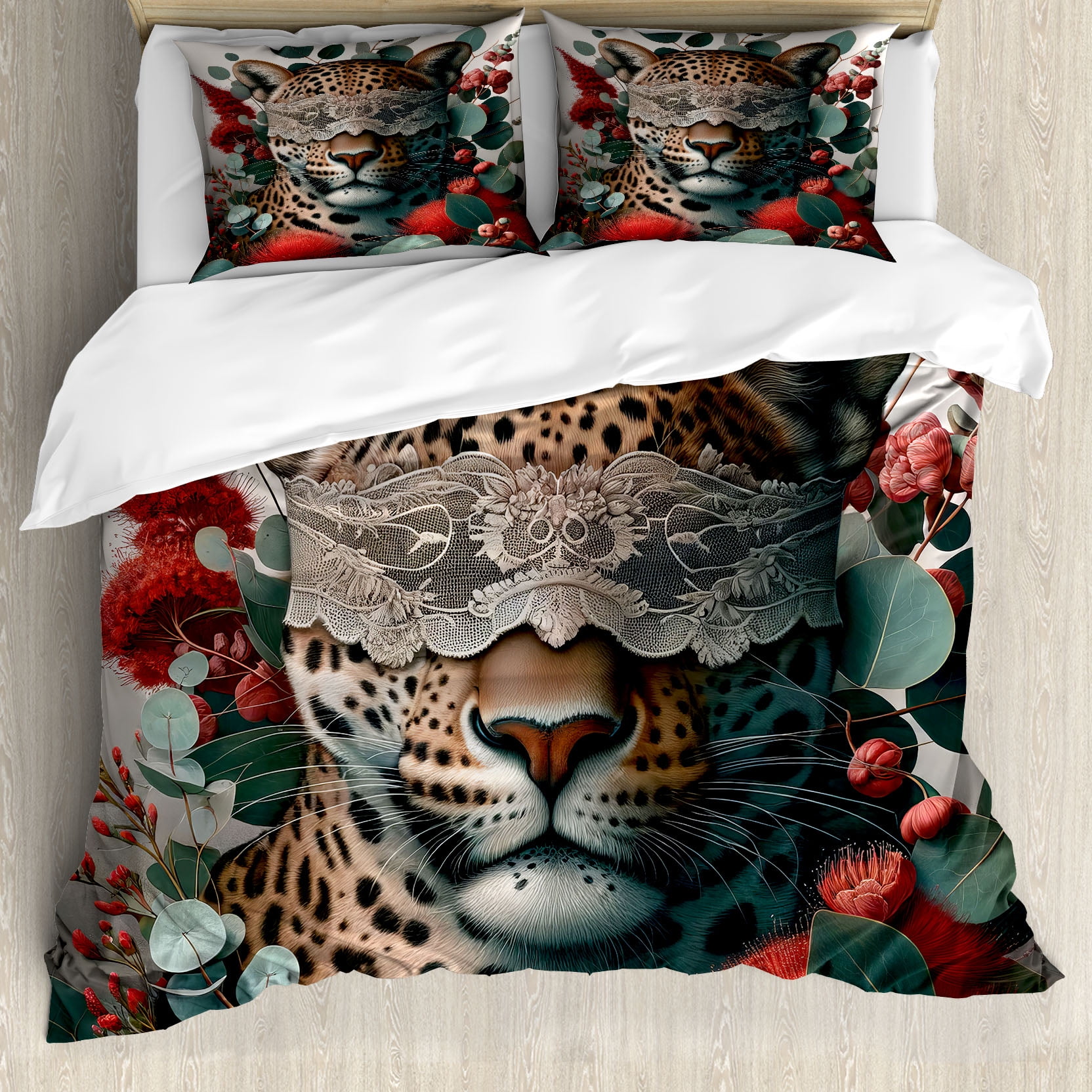 Ambesonne Leopard Duvet Cover Set, Savage Cat Lace Eucalyptus, Calking ...