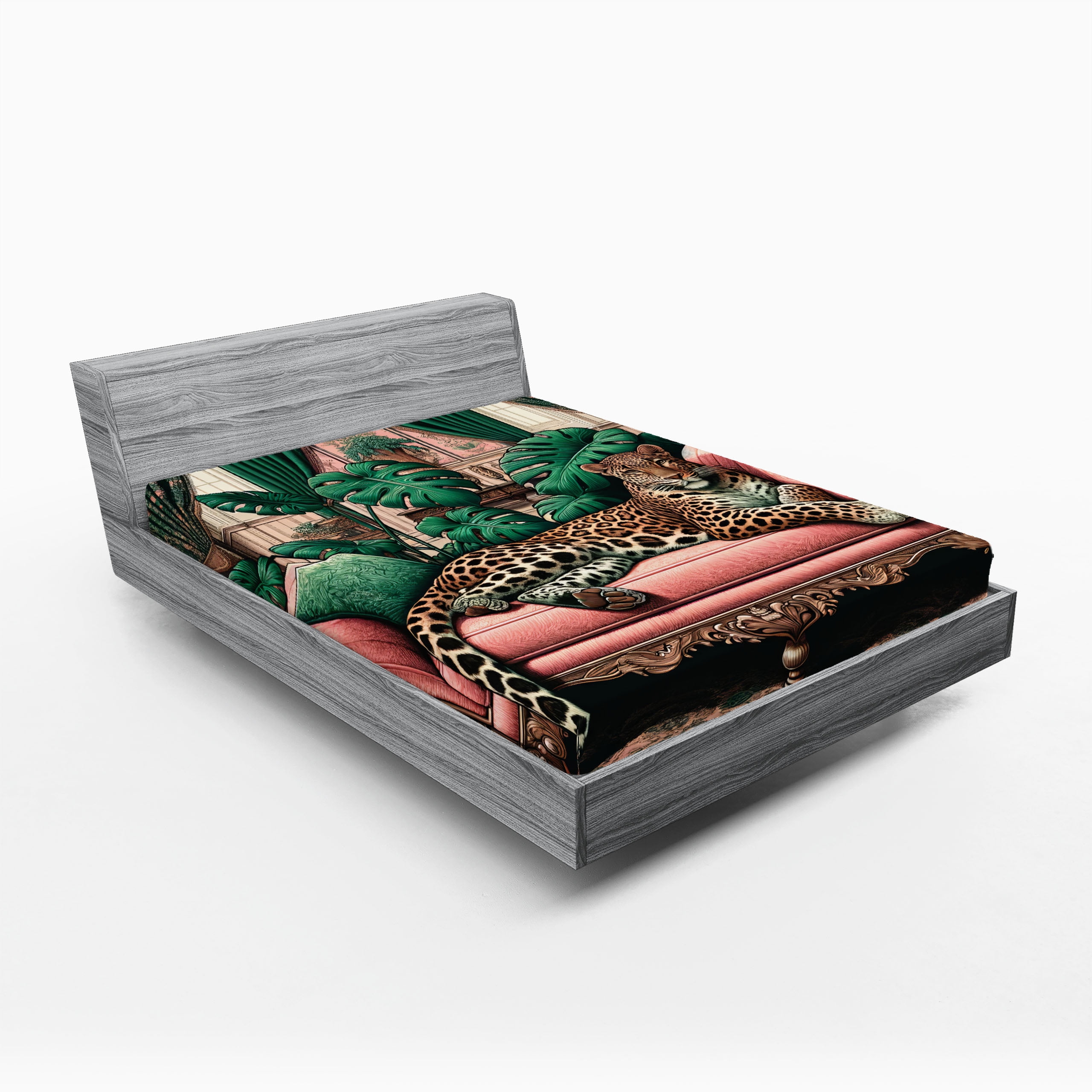 Ambesonne Leopard Fitted Sheet, Monsteras Wild Cat Lounge, Full Size ...