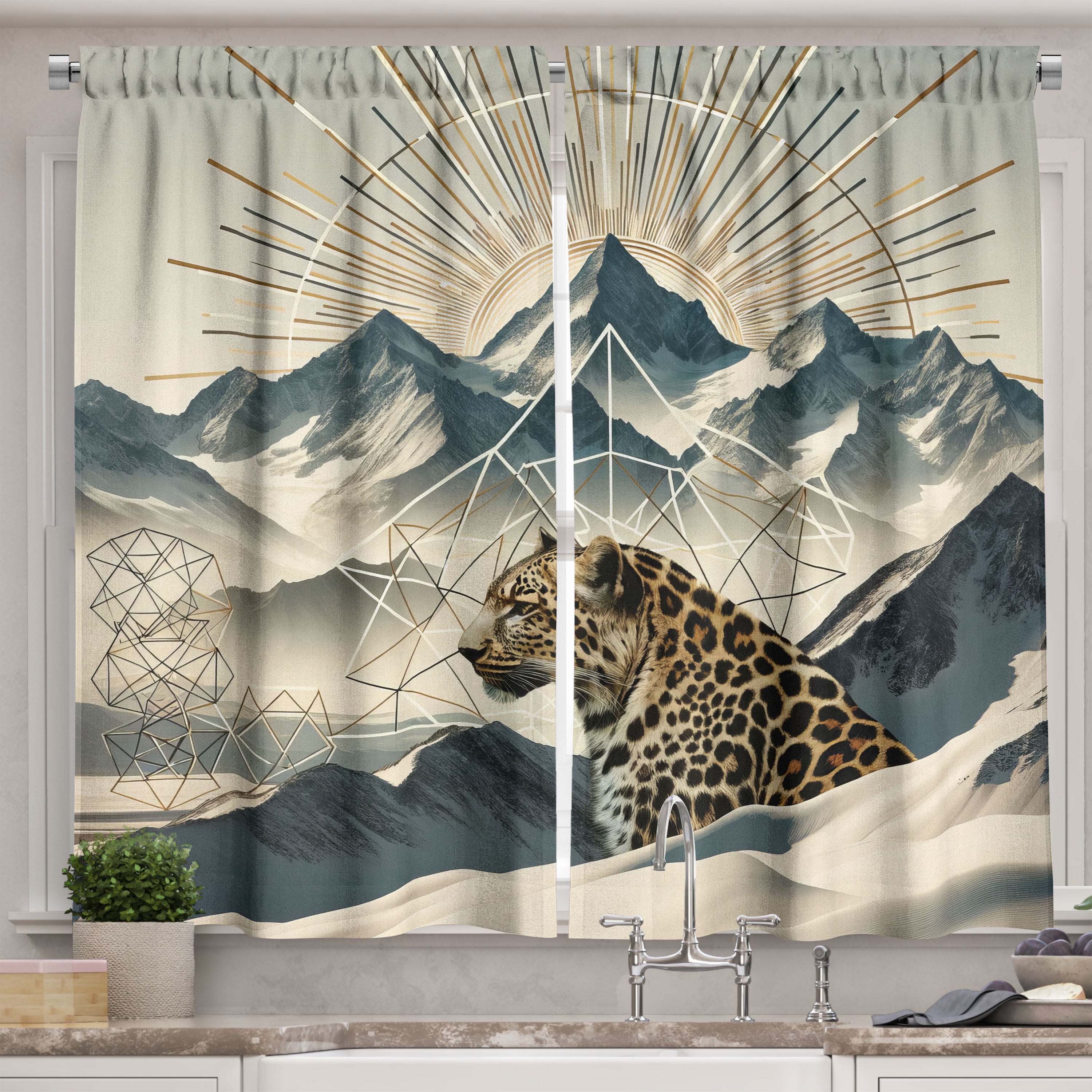 Ambesonne Leopard Kitchen Curtains, Boho Mountains and Wild Cat, 55"x36 ...