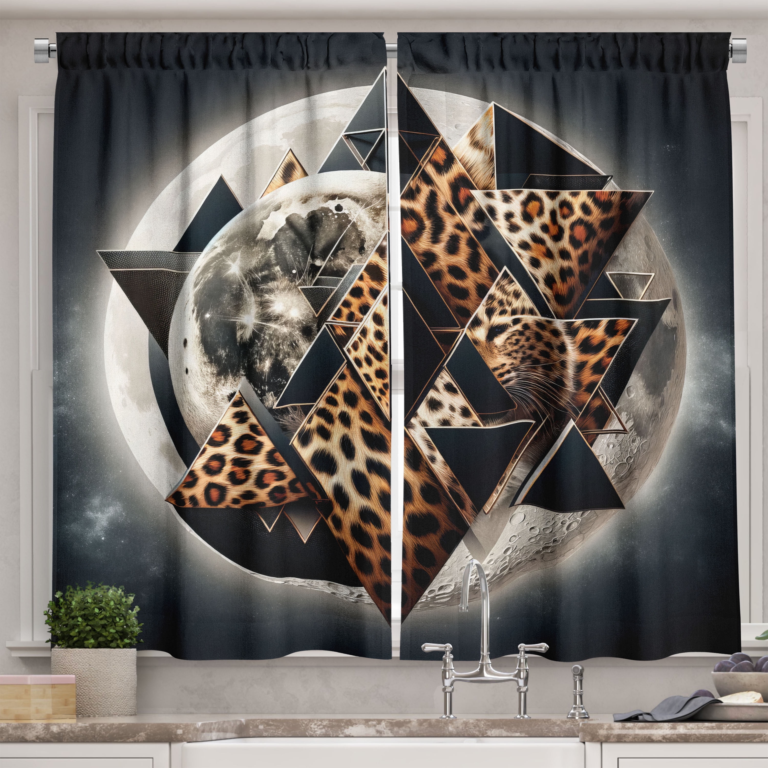 Ambesonne Leopard Kitchen Curtains, Polygonal Globe Full Moon, 55"x36 ...