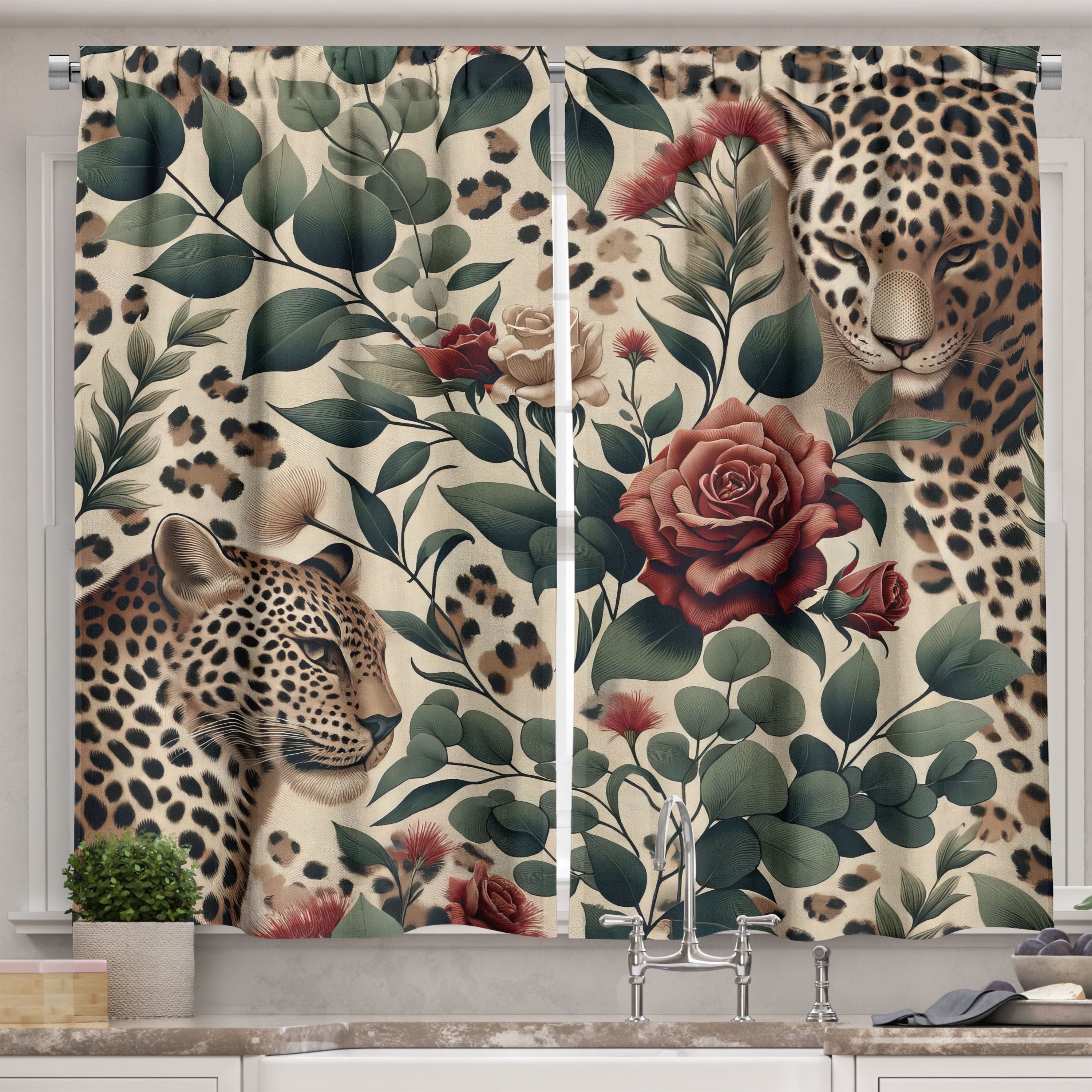 Ambesonne Leopard Kitchen Curtains, Roses Leaves Wild Animals, 55"x24 ...