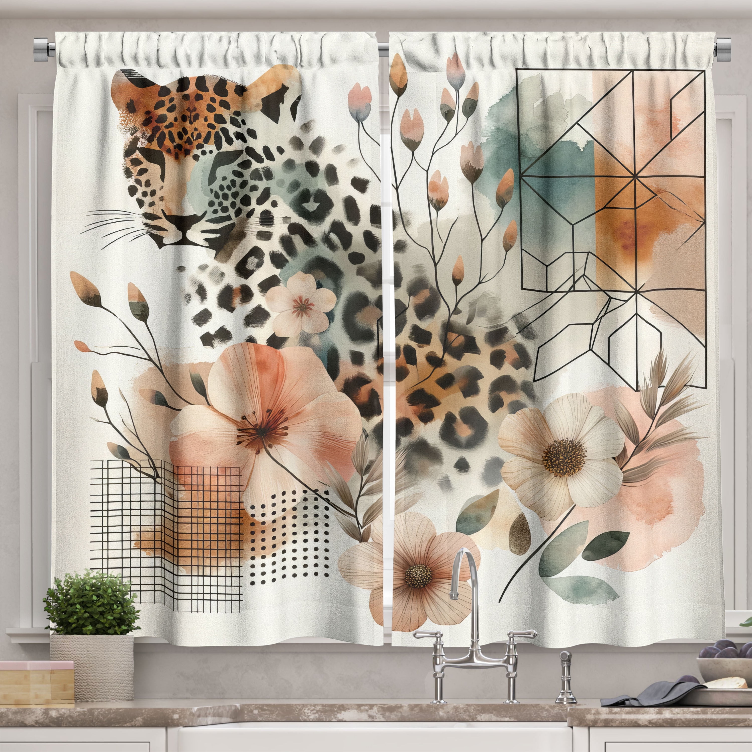 Ambesonne Leopard Kitchen Curtains, Tender Abloom Watercolor, 55"x45", Peach Ginger and Grey ...
