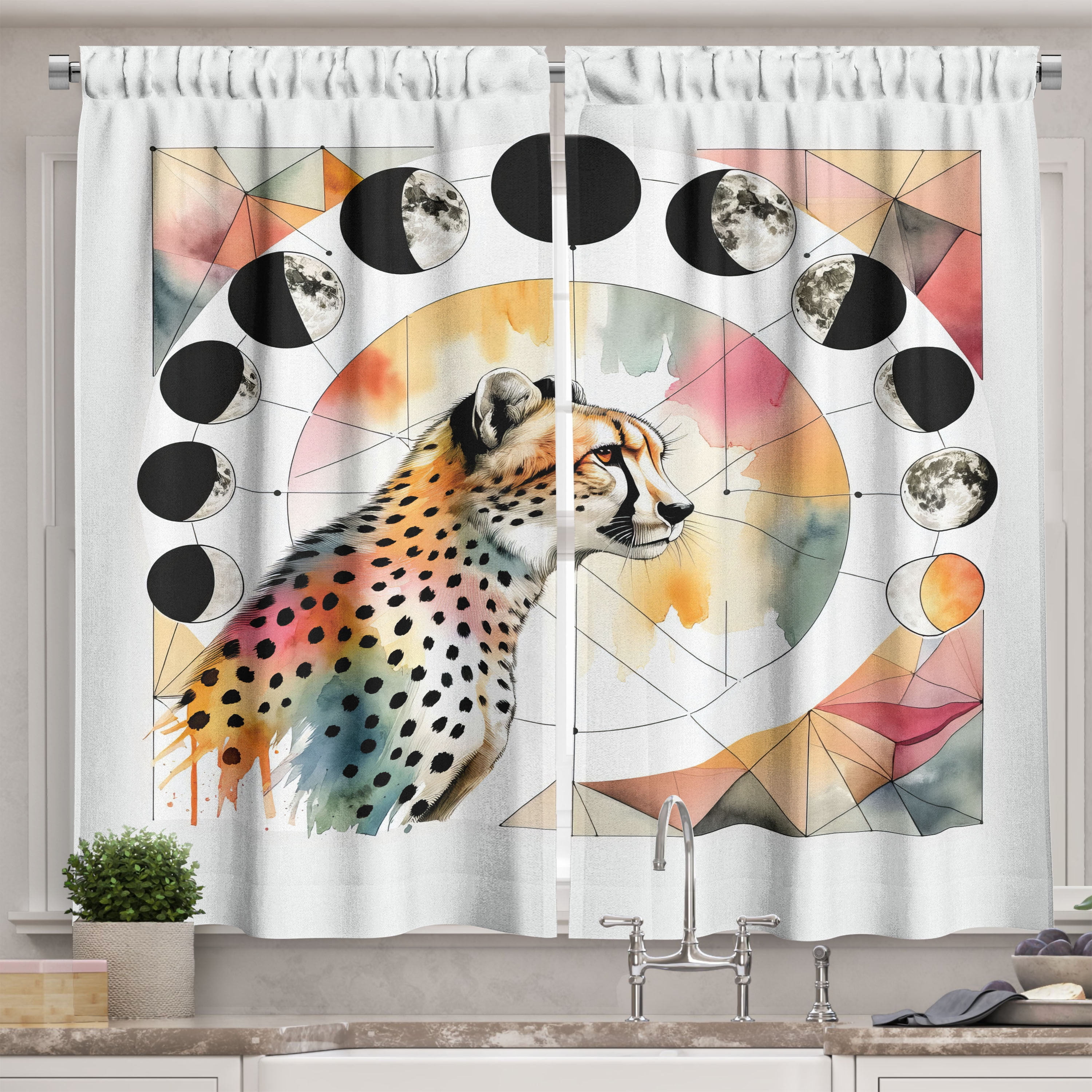 Ambesonne Leopard Kitchen Curtains, Watercolor Art Poly Moon, 55"x45 ...
