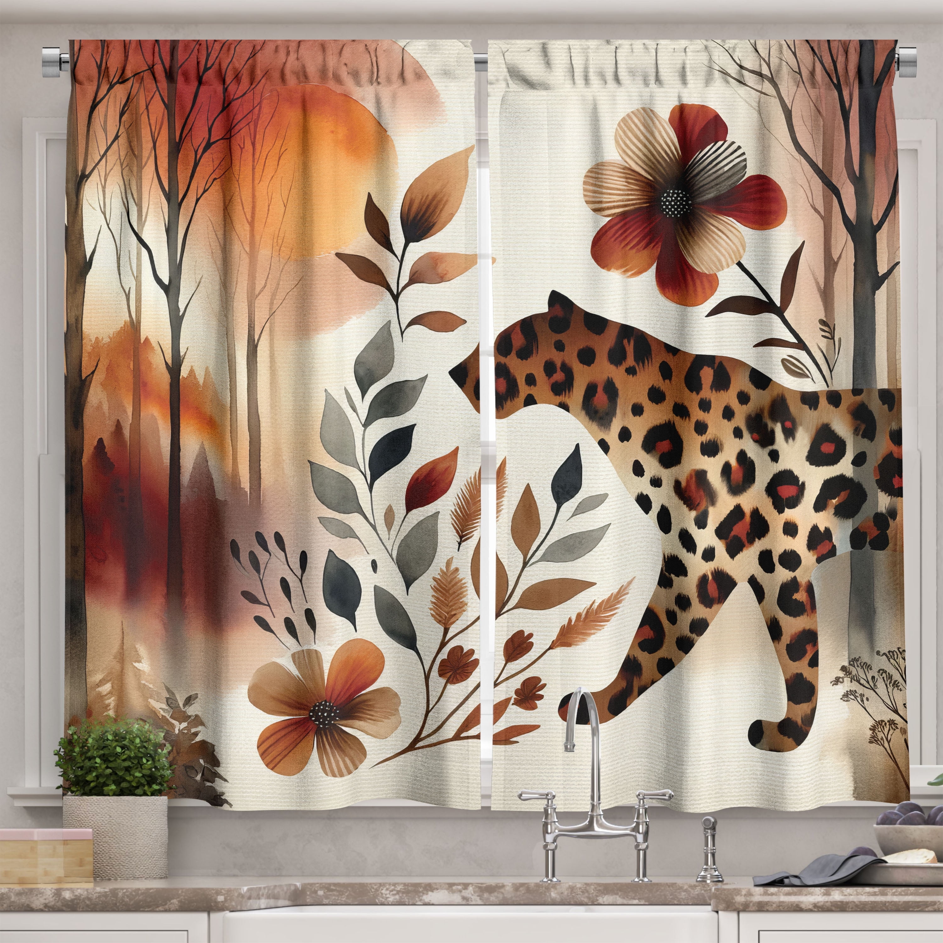 Ambesonne Leopard Kitchen Curtains, Wild Autumn Woodland Art, 55"x36 ...