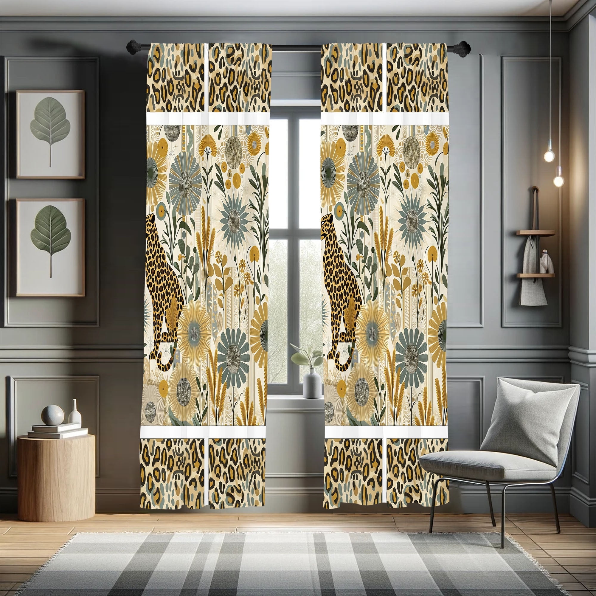 Ambesonne Leopard Print Curtains 2 Panel Set, Wild Jungle Botanical ...