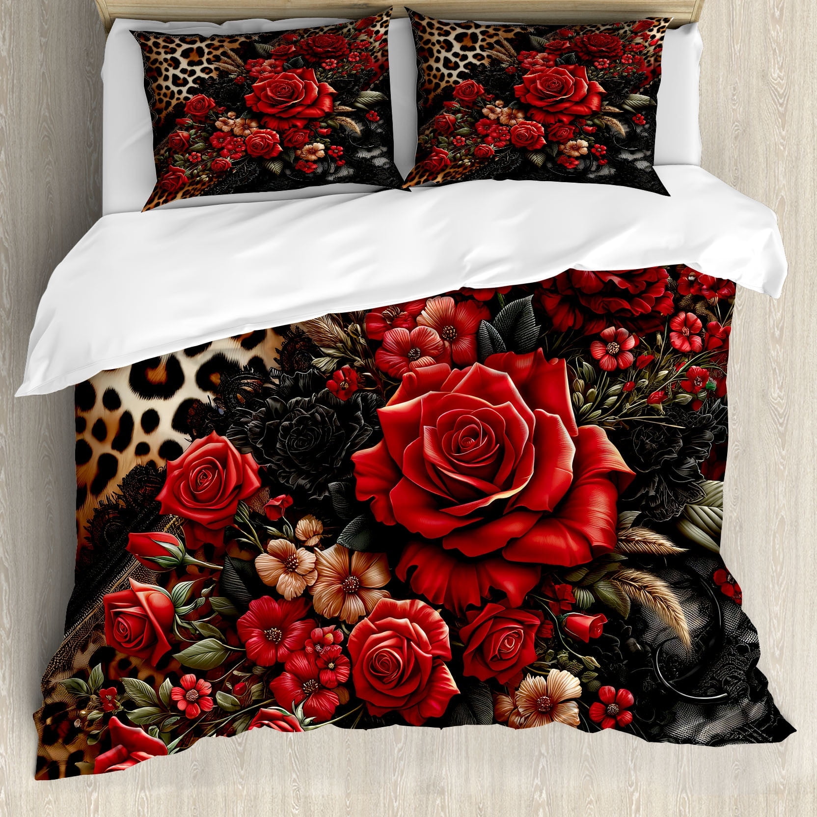 Ambesonne Leopard Print Duvet Cover Set, Romantic Rose Lace, Queen, Red ...