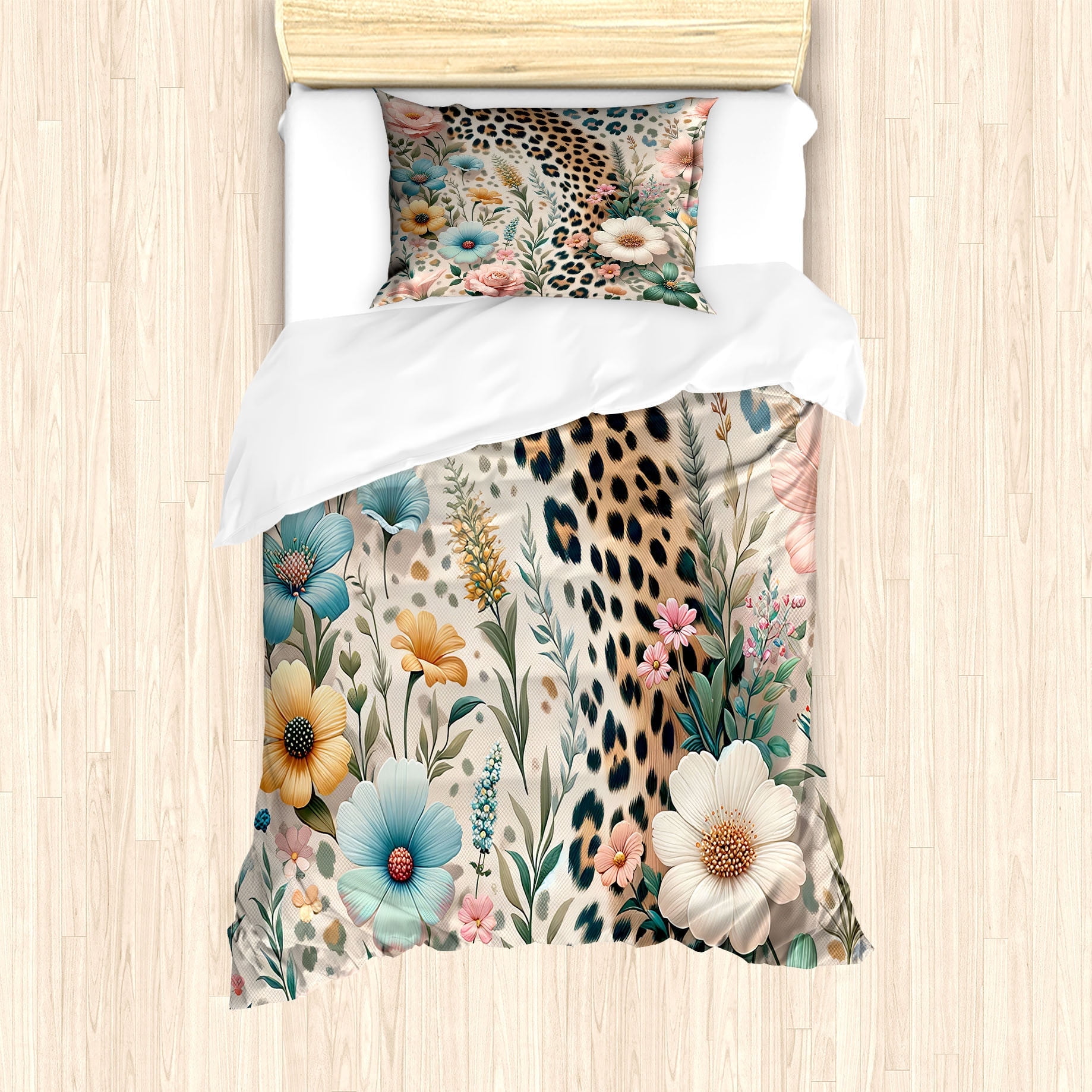 Ambesonne Leopard Print Duvet Cover Set, Wild Springtime Bloom, Twin ...