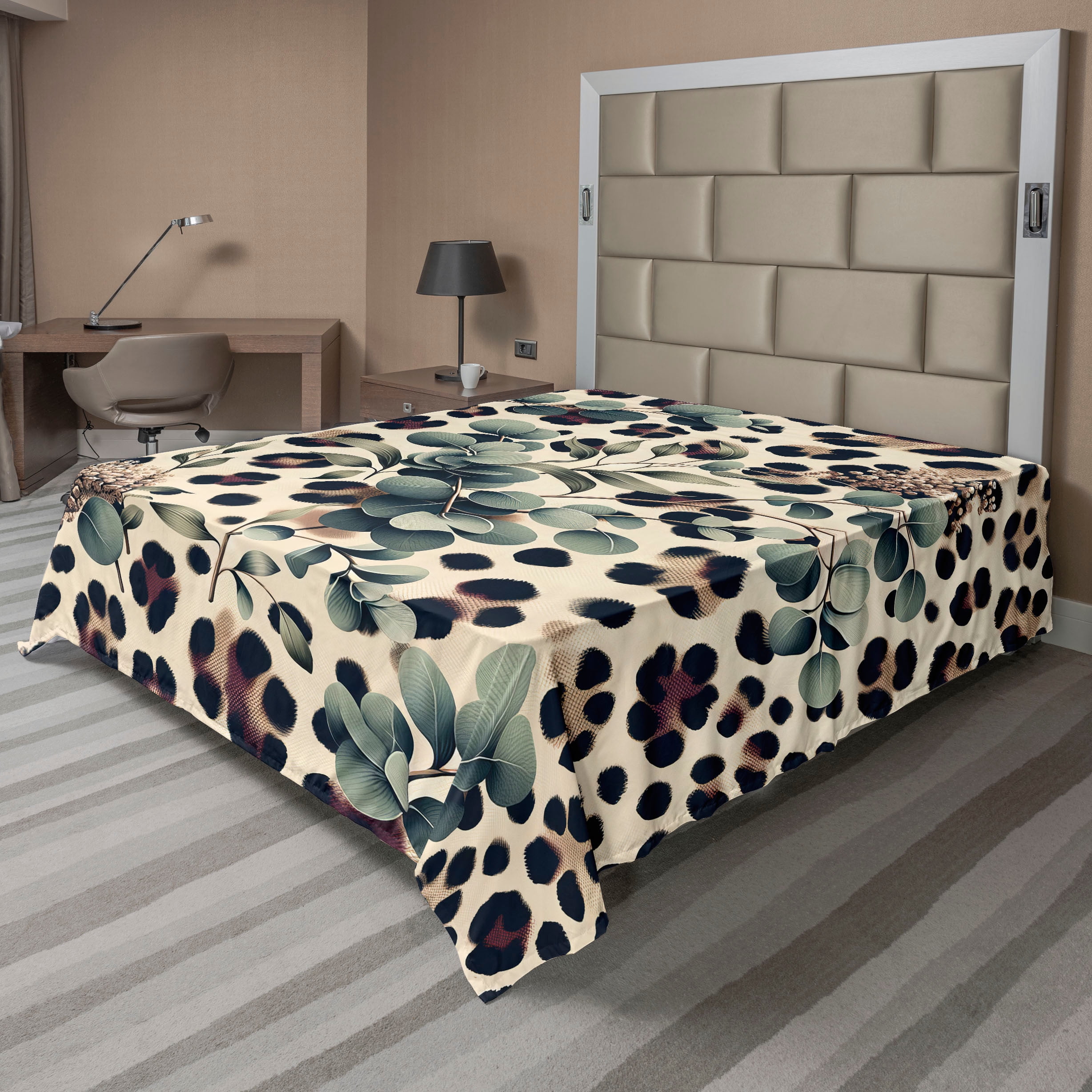 Ambesonne Leopard Print Flat Sheet, Bold Eucalyptus Leaf, California King, Camel and Laurel ...