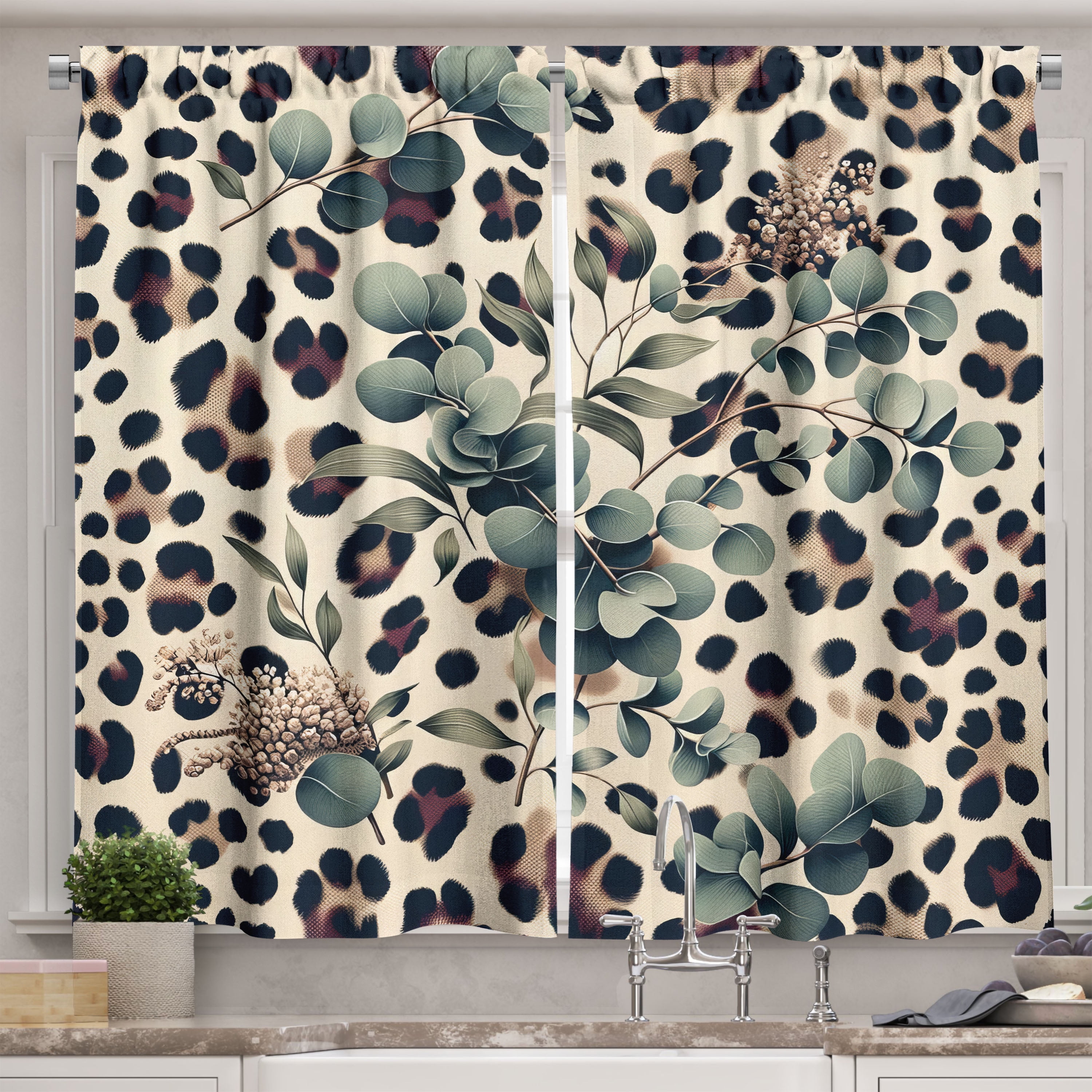 Ambesonne Leopard Print Kitchen Curtains, Bold Eucalyptus Leaf, 55"x45 ...