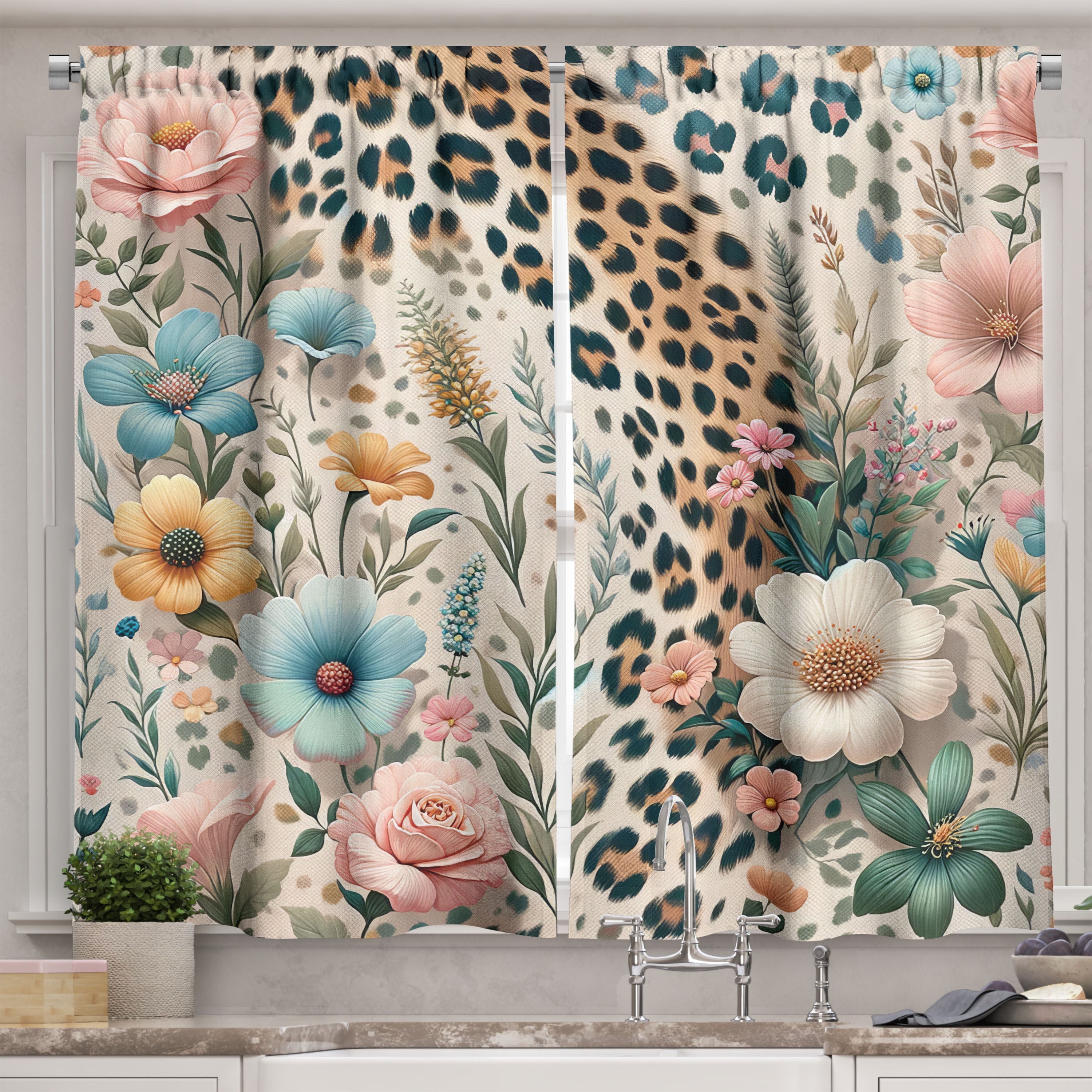 Ambesonne Leopard Print Kitchen Curtains, Wild Springtime Bloom, 55"x36 ...