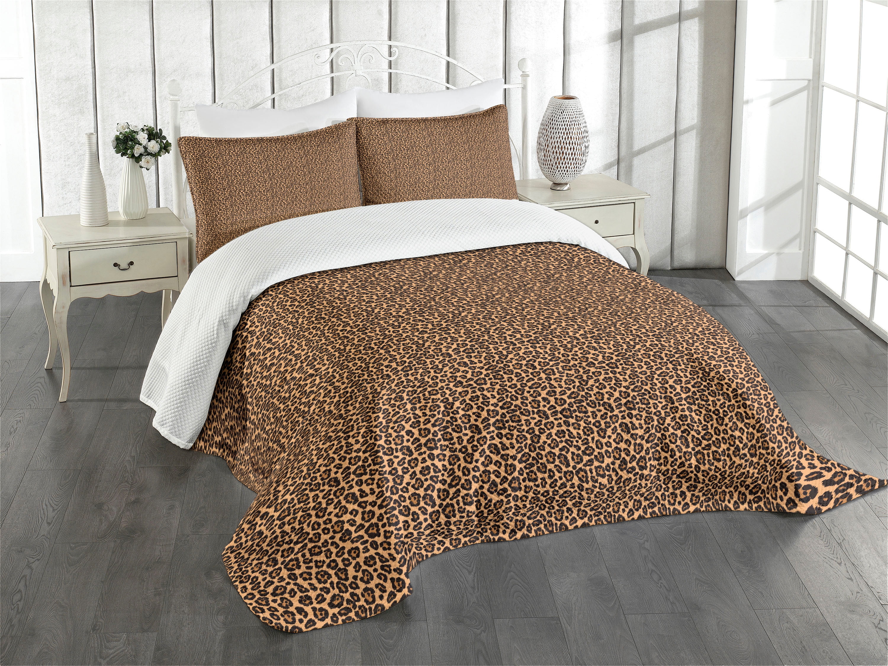 Ambesonne Leopard Print Quilted Bedspread Set 2 Pcs, Orange Exotic ...