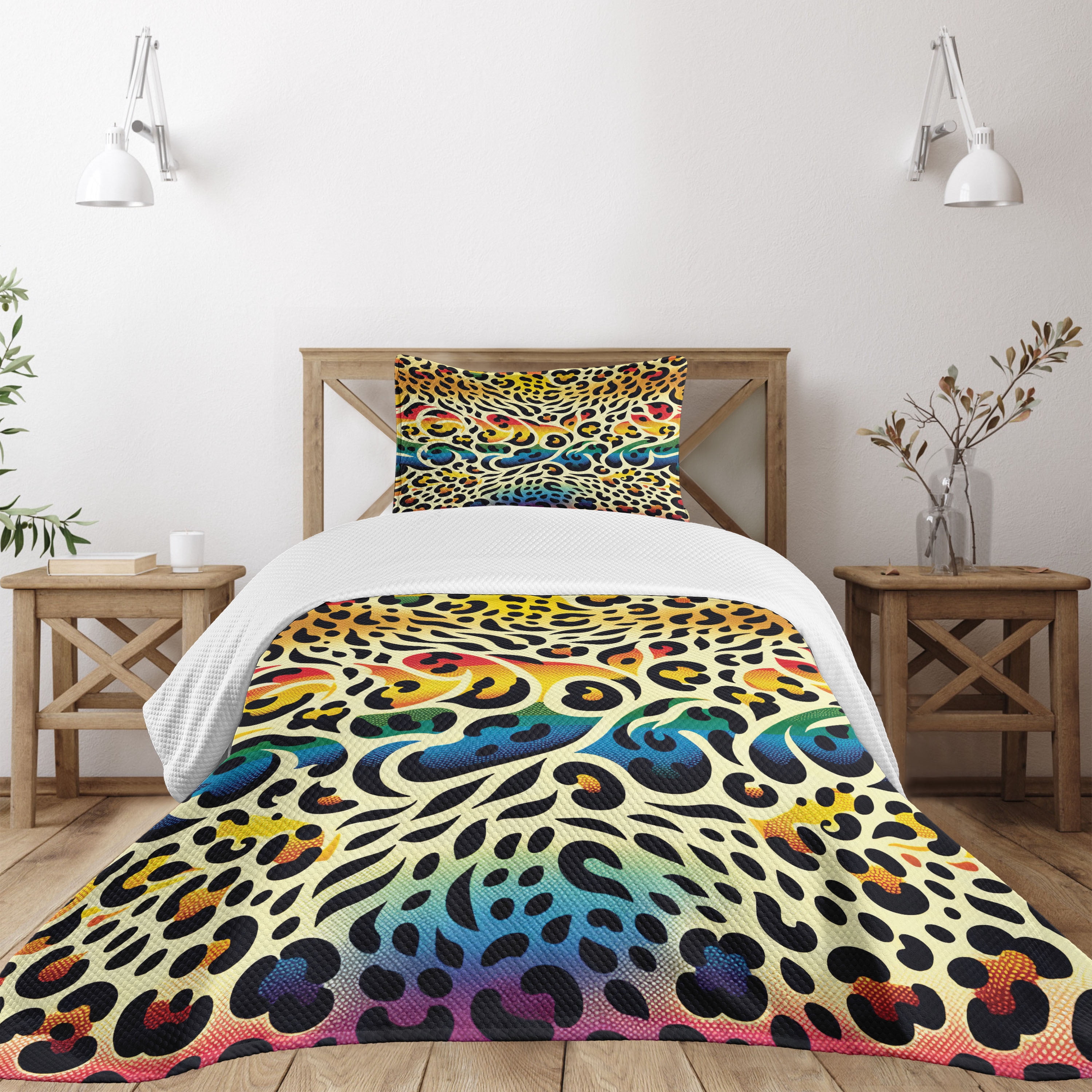 Ambesonne Leopard Print Quilted Bedspread Set 2 Pcs, in Rainbow Colors ...