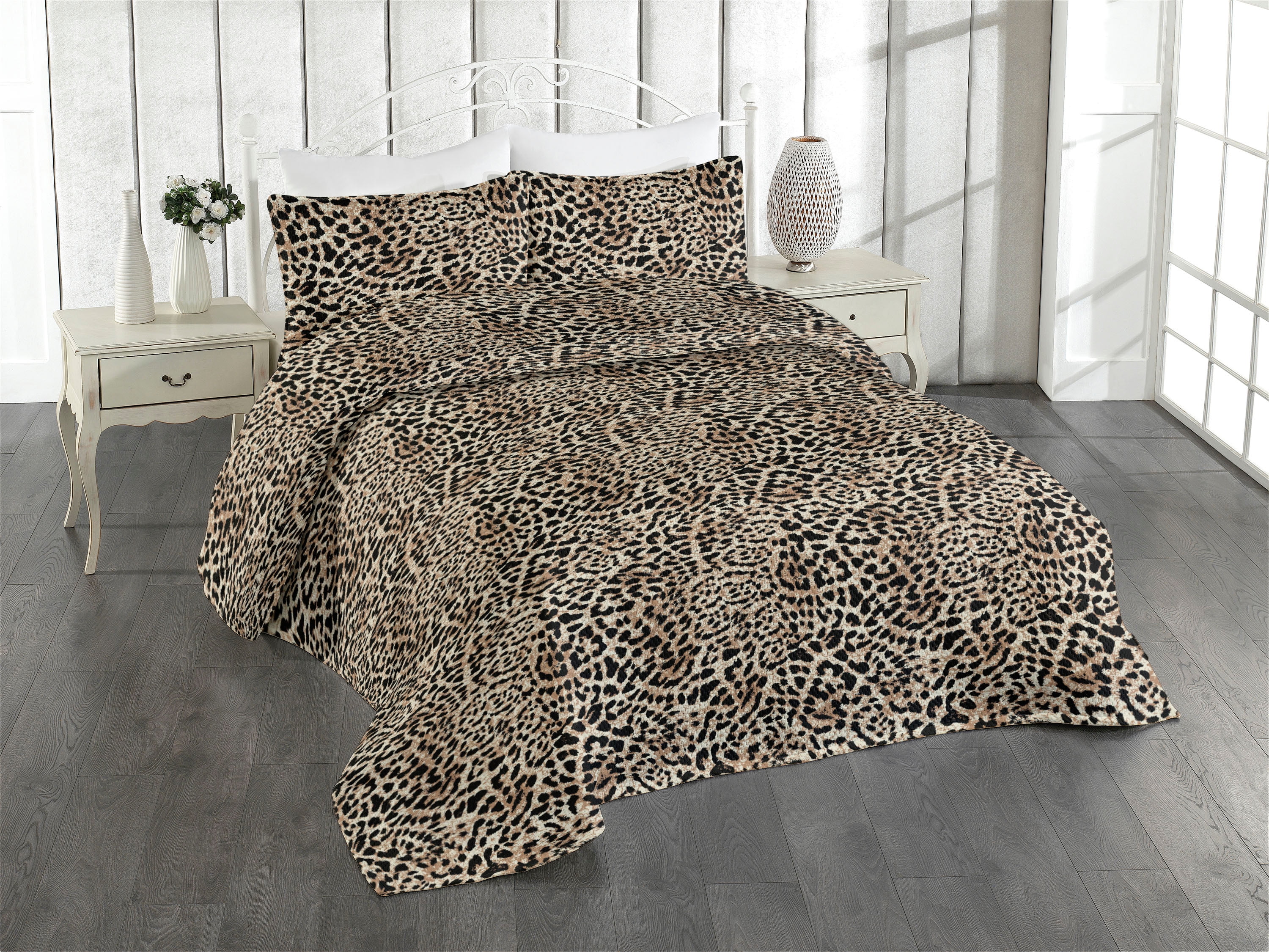 Ambesonne Leopard Print Quilted Bedspread Set 3 Pcs, Classic Wild Cat ...