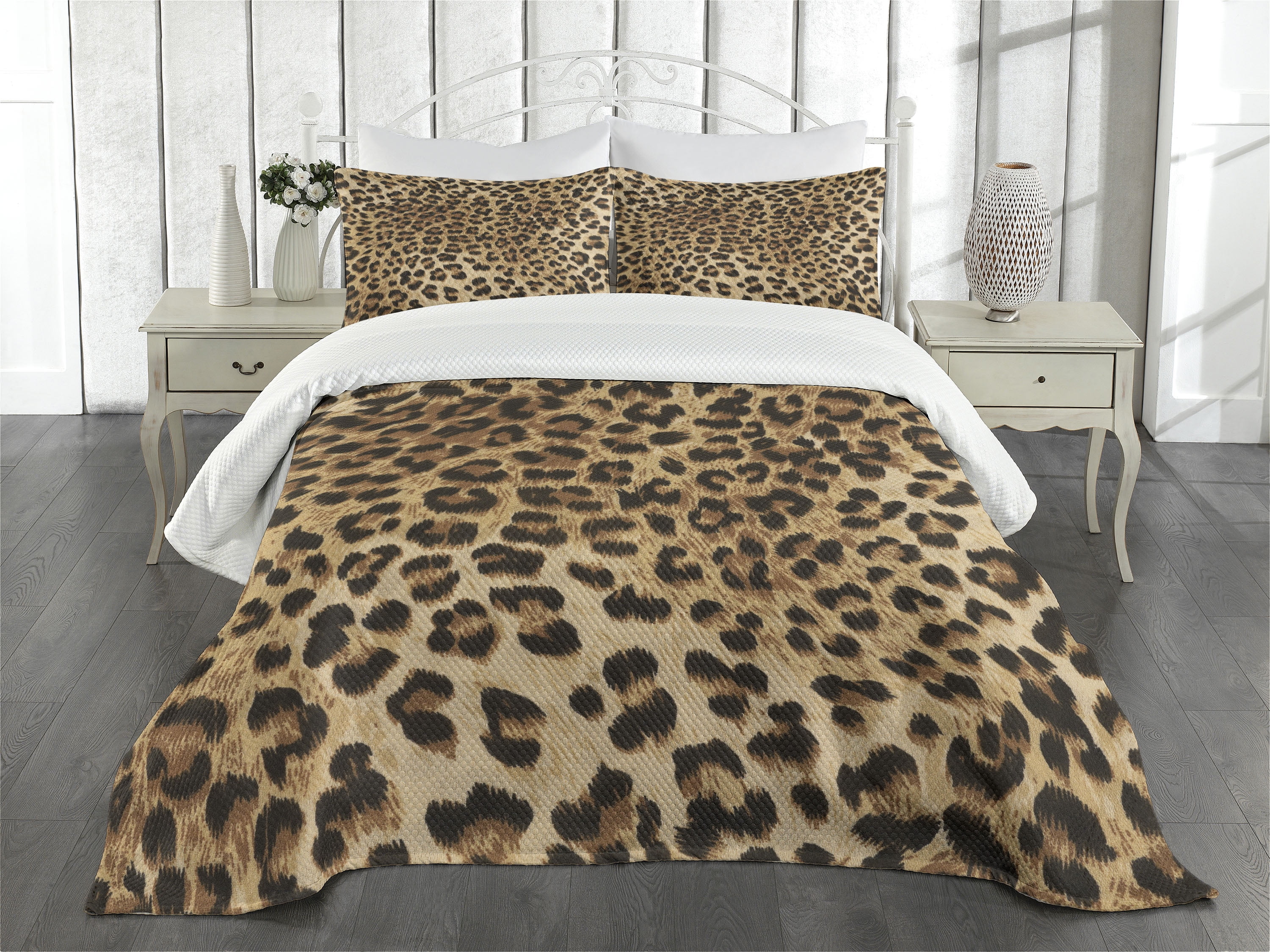 Ambesonne Leopard Print Quilted Bedspread Set 3 Pcs, Wild Animal Skin ...