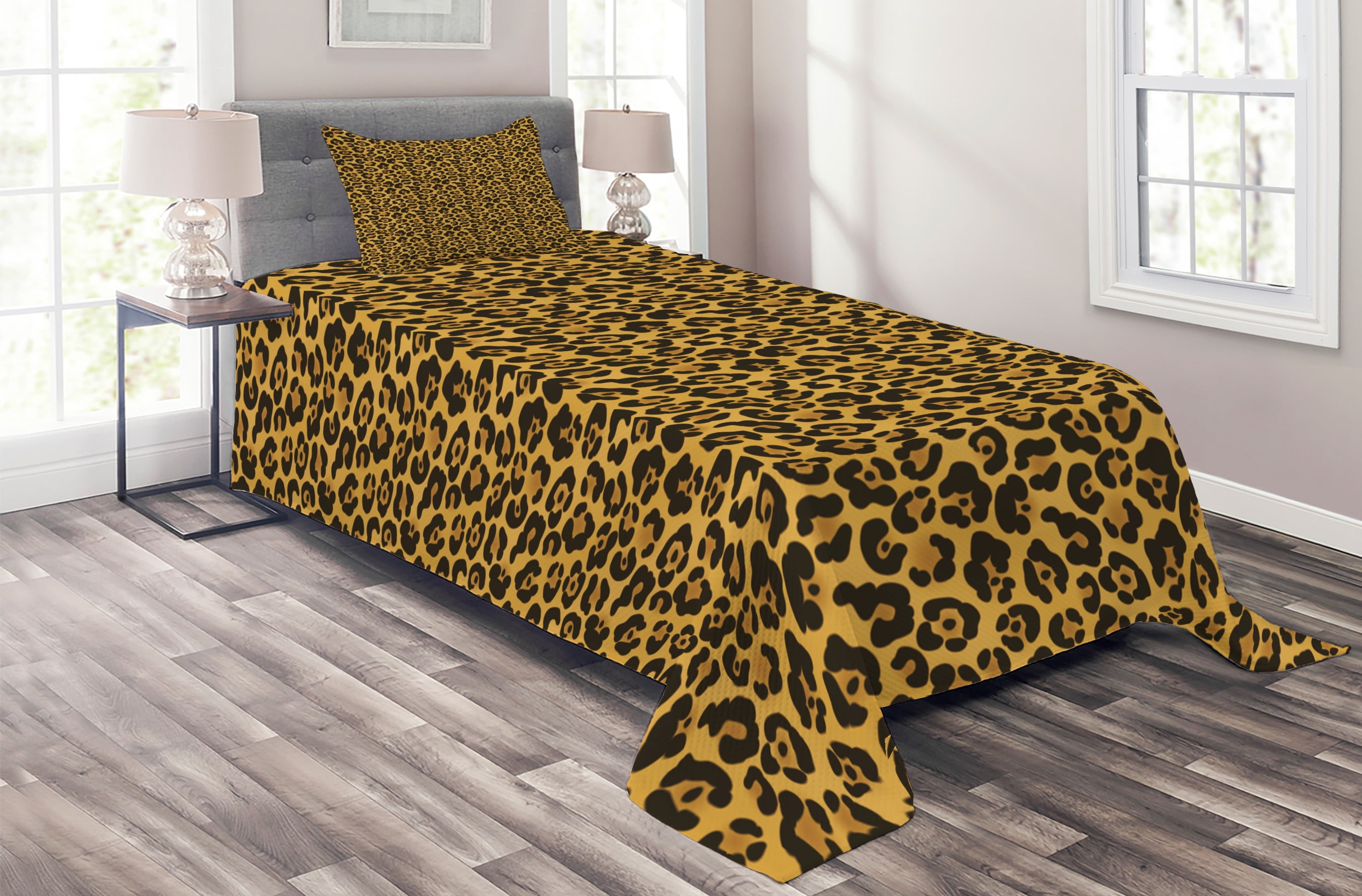 Ambesonne Leopard Print Quilted Coverlet 2 Pcs, Natural Animal Skin ...