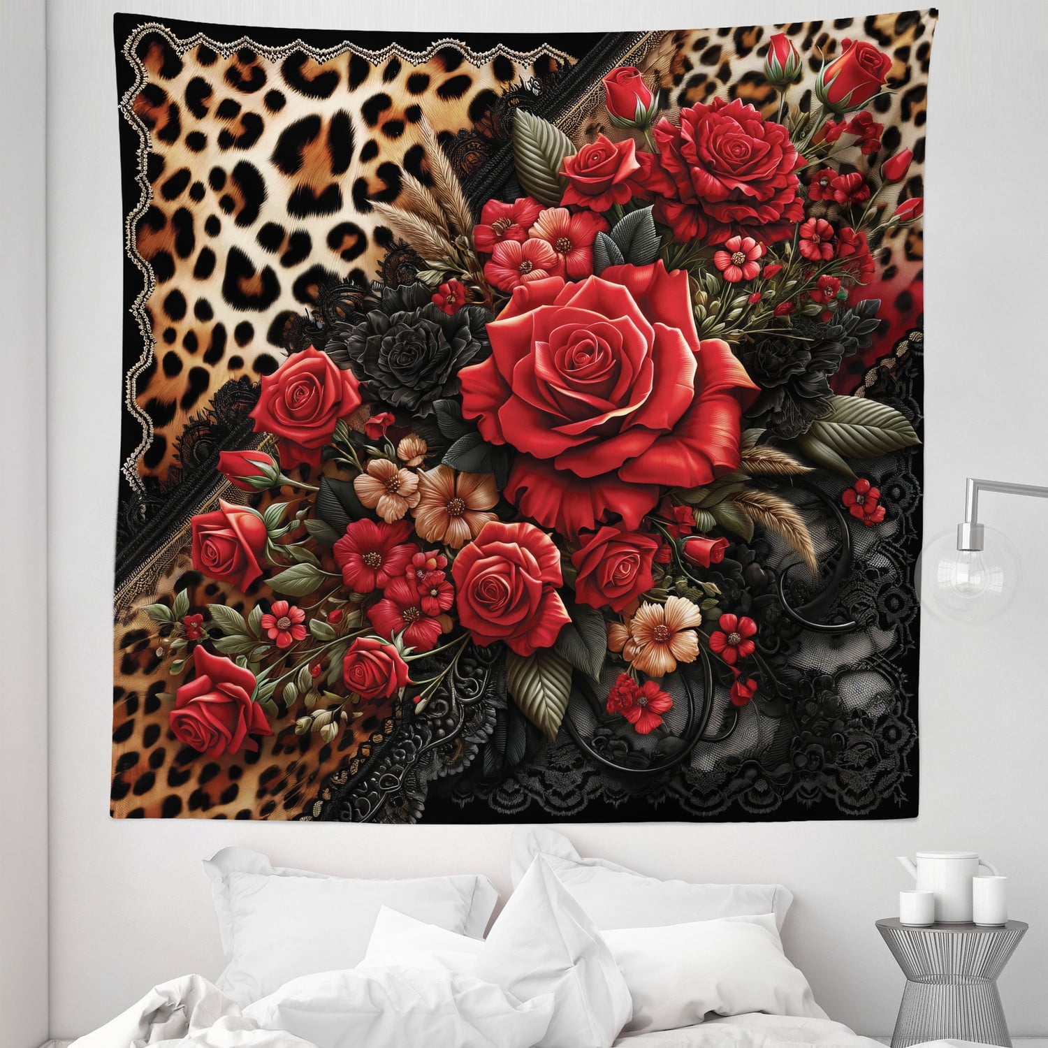 Ambesonne Leopard Print Tapestry Queen Size, Romantic Rose Lace, 88"x88 ...