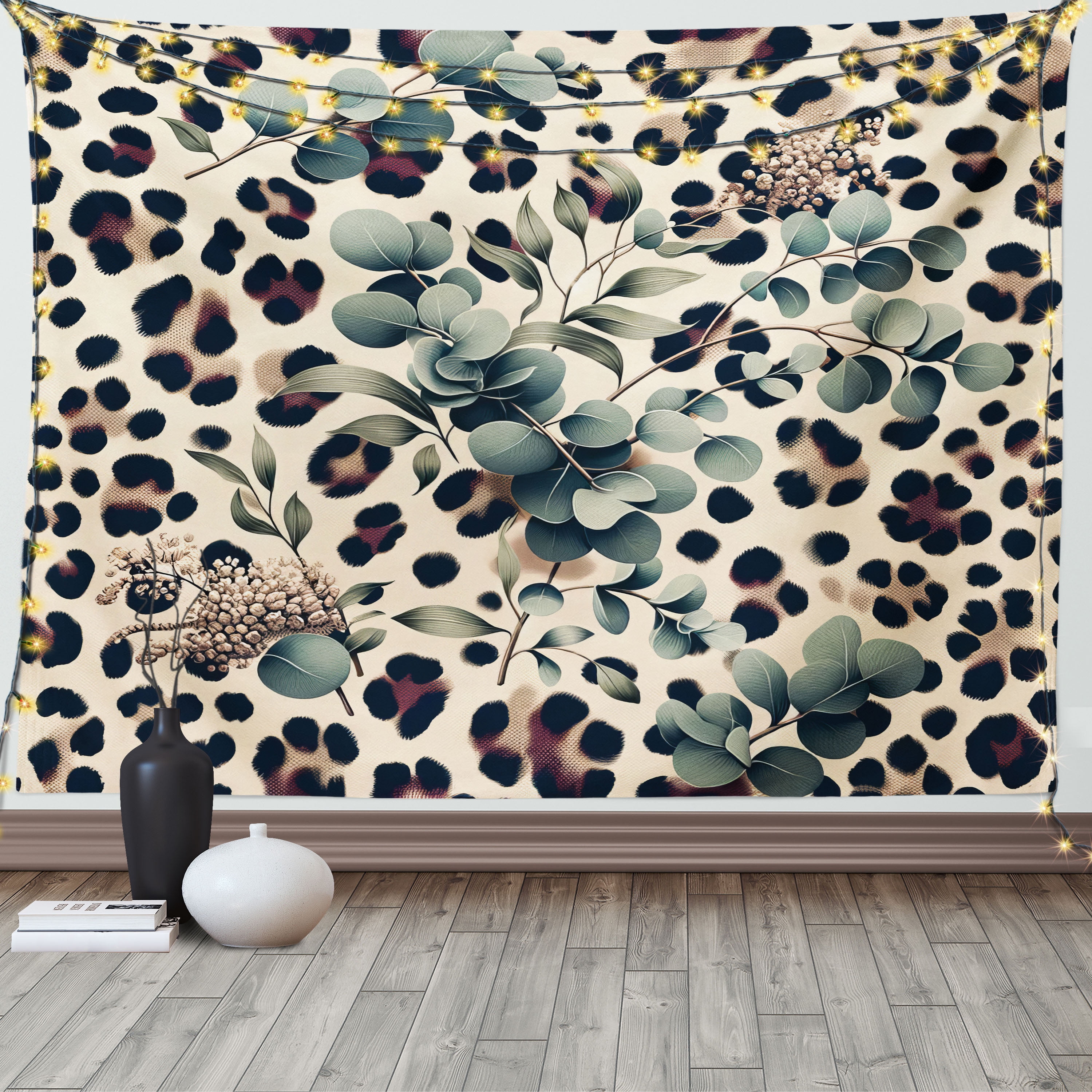Ambesonne Leopard Print Tapestry Wall Hanging, Bold Eucalyptus Leaf, 80 ...