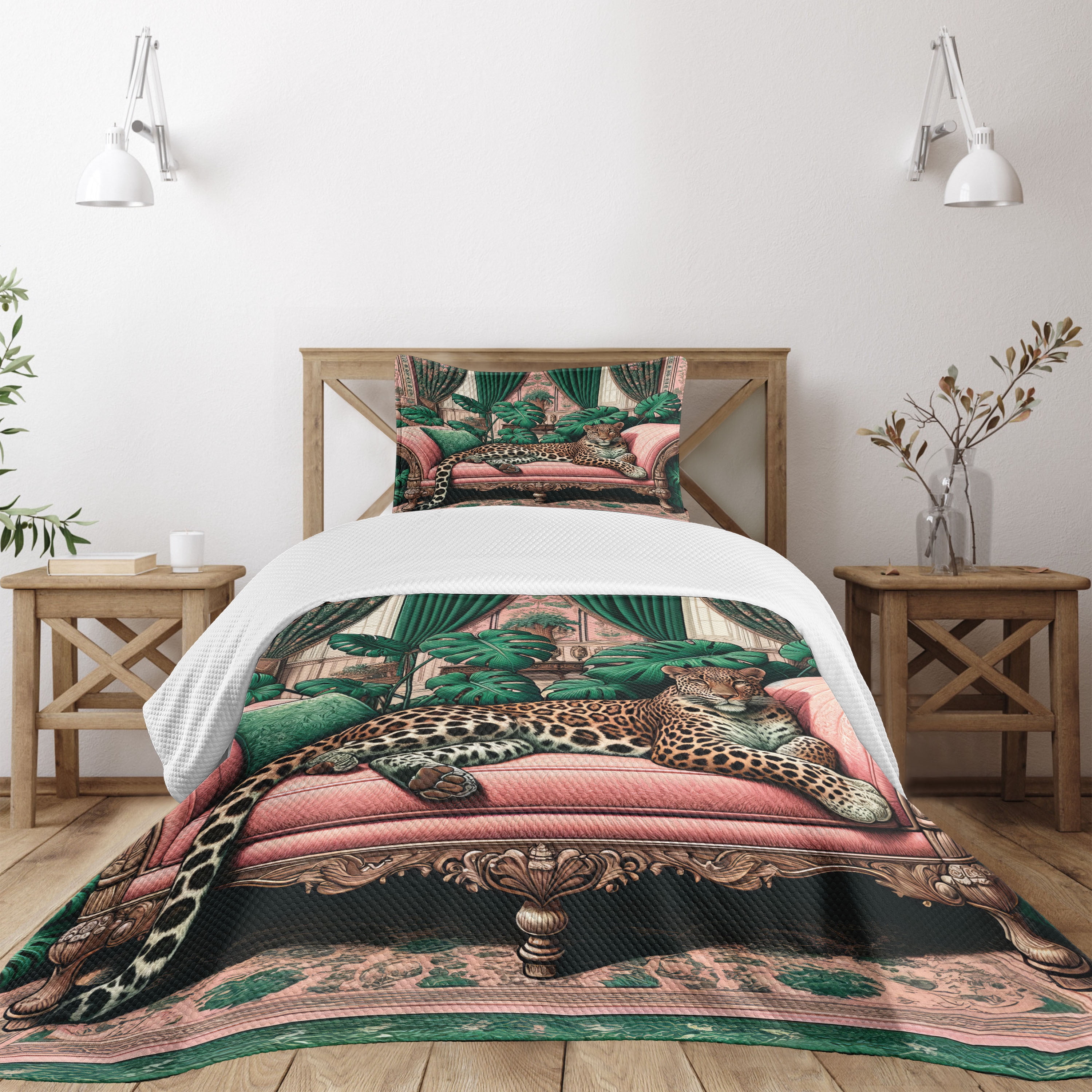 Ambesonne Leopard Quilted Bedspread Set 2 Pcs, Monsteras Wild Cat ...