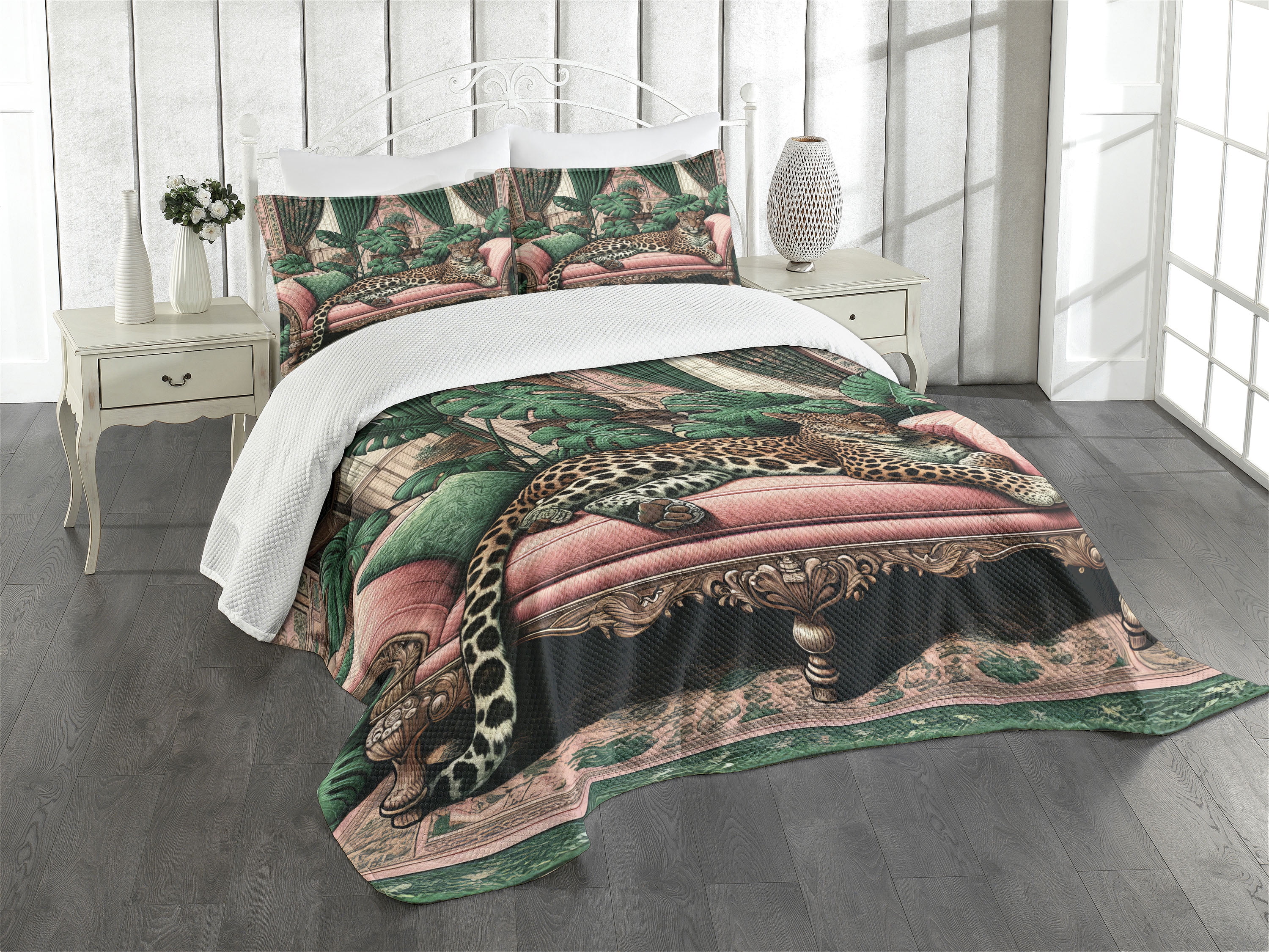 Ambesonne Leopard Quilted Bedspread Set 3 Pcs, Monsteras Wild Cat ...