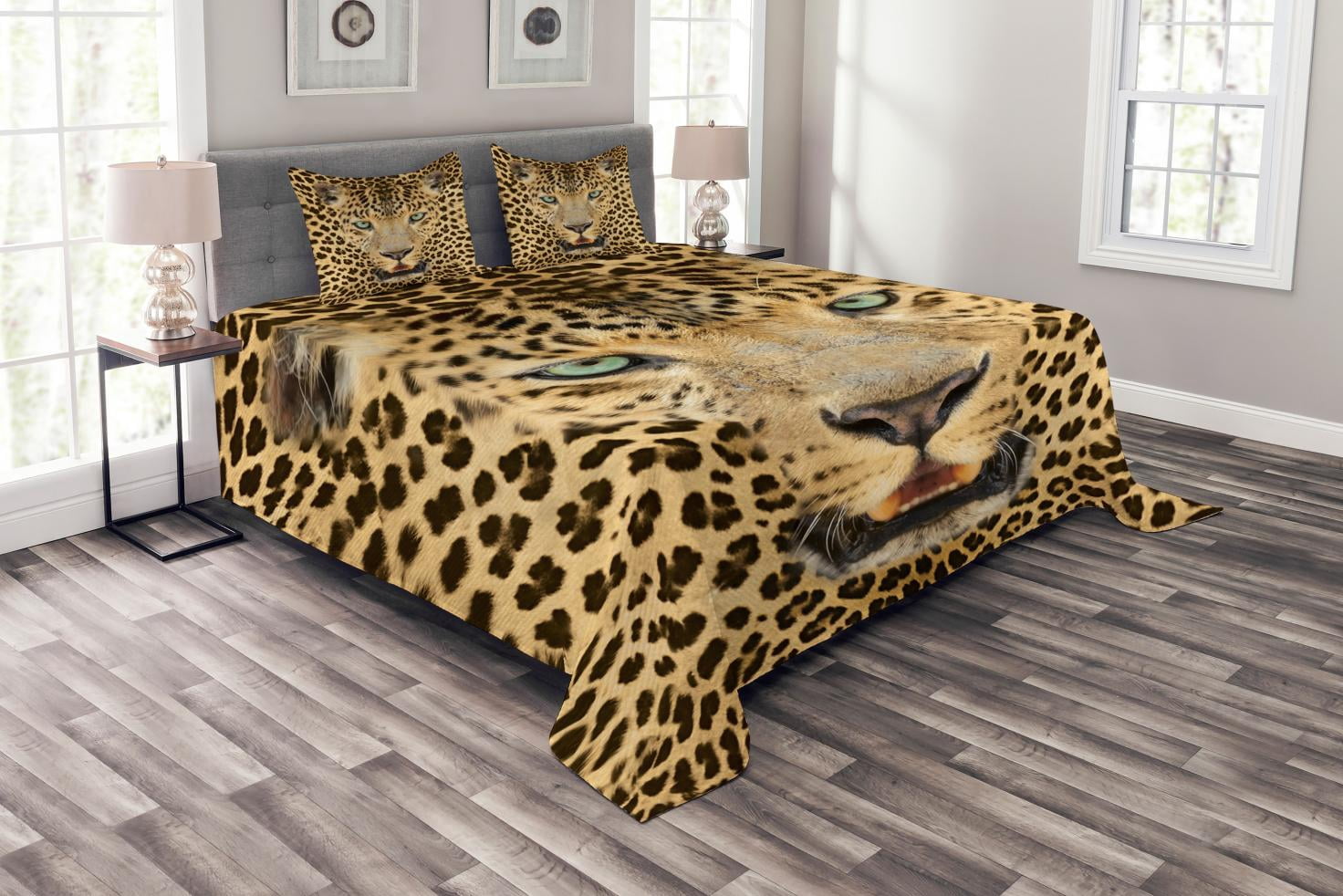 Ambesonne Leopard Quilted Bedspread Set 3 Pcs, Predator Animal, Queen ...