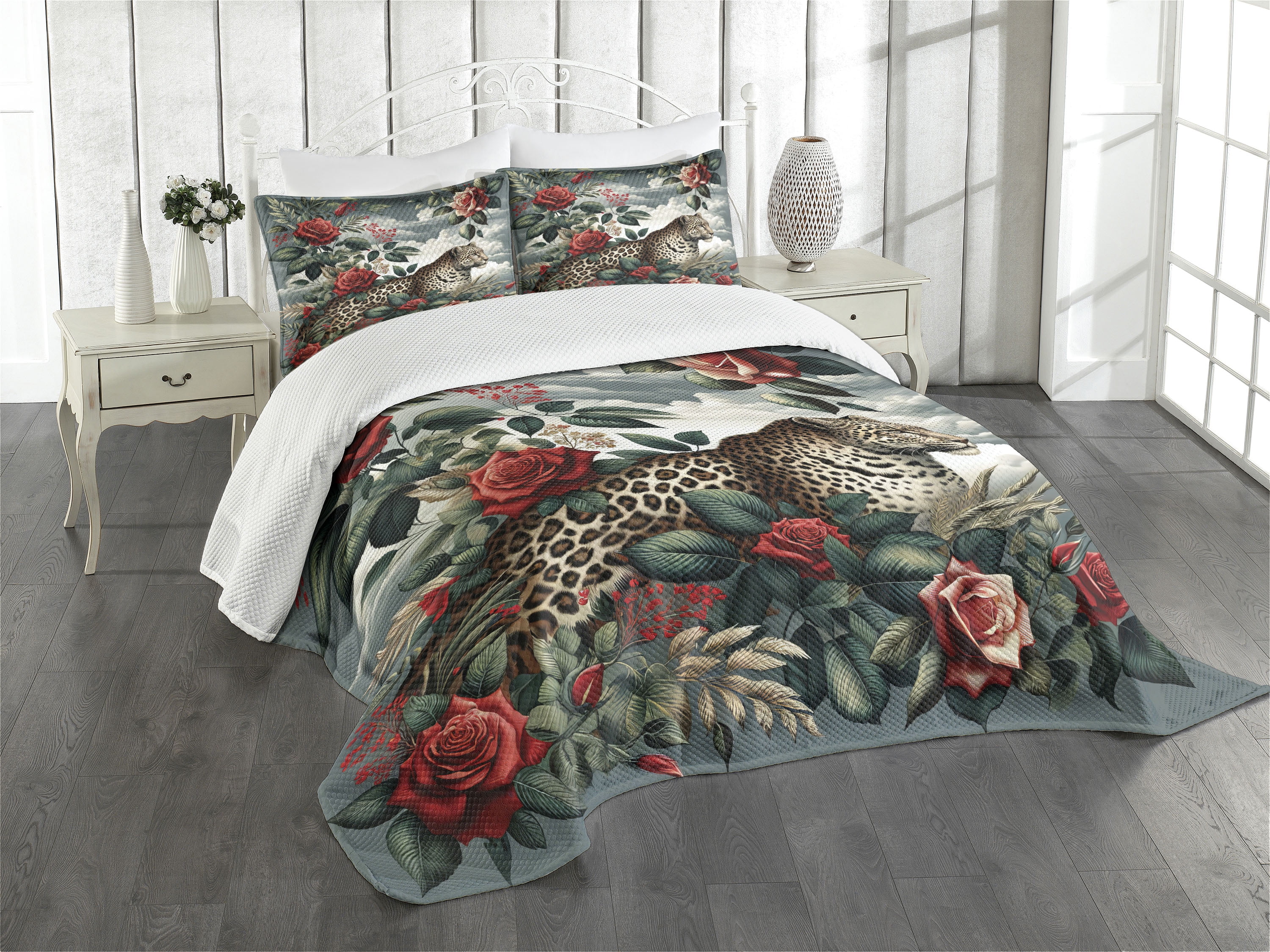 Ambesonne Leopard Quilted Bedspread Set 3 Pcs, Roses Wild Animal on ...