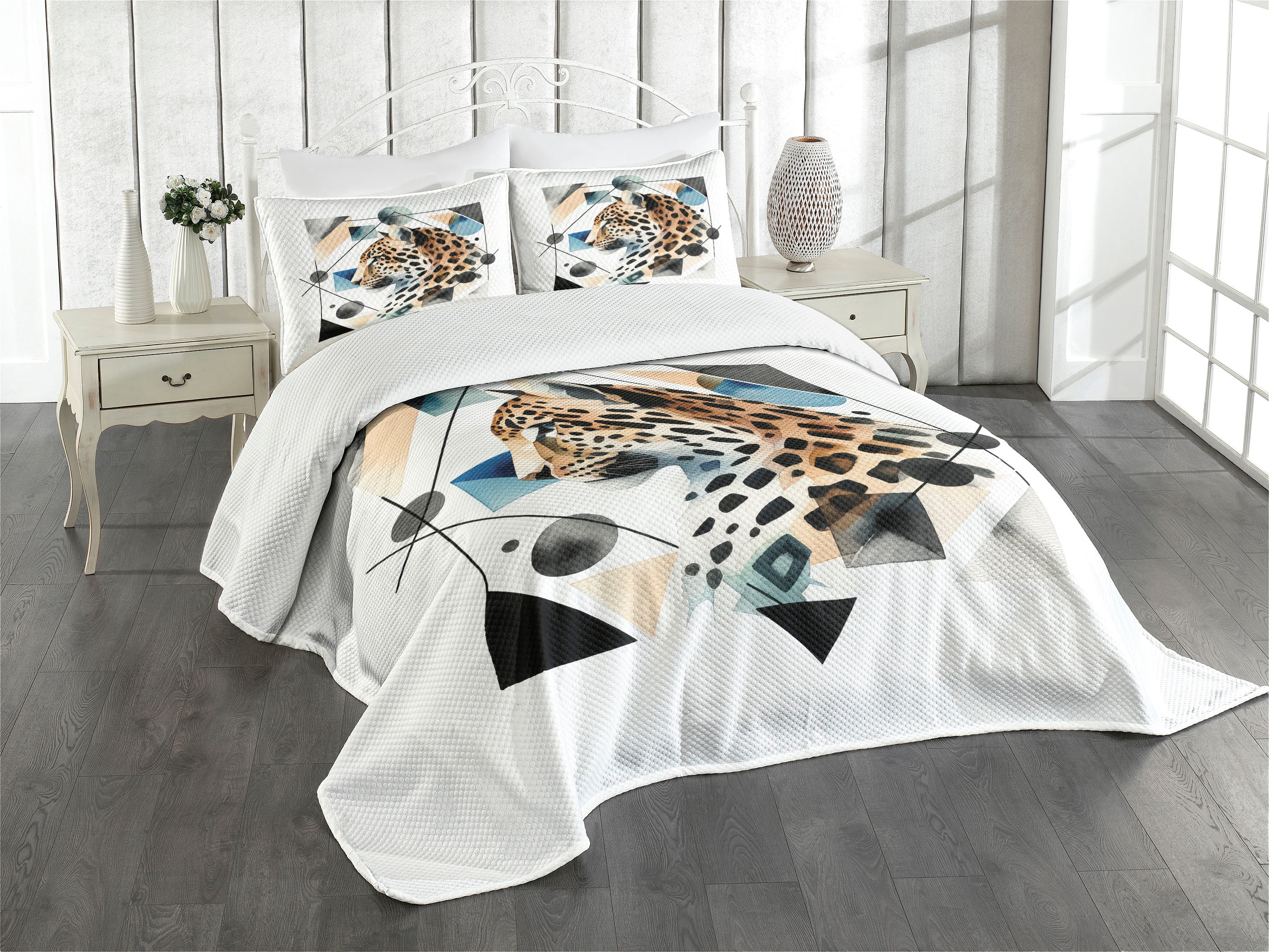 Ambesonne Leopard Quilted Bedspread Set 3 Pcs, Watercolor Minimal ...