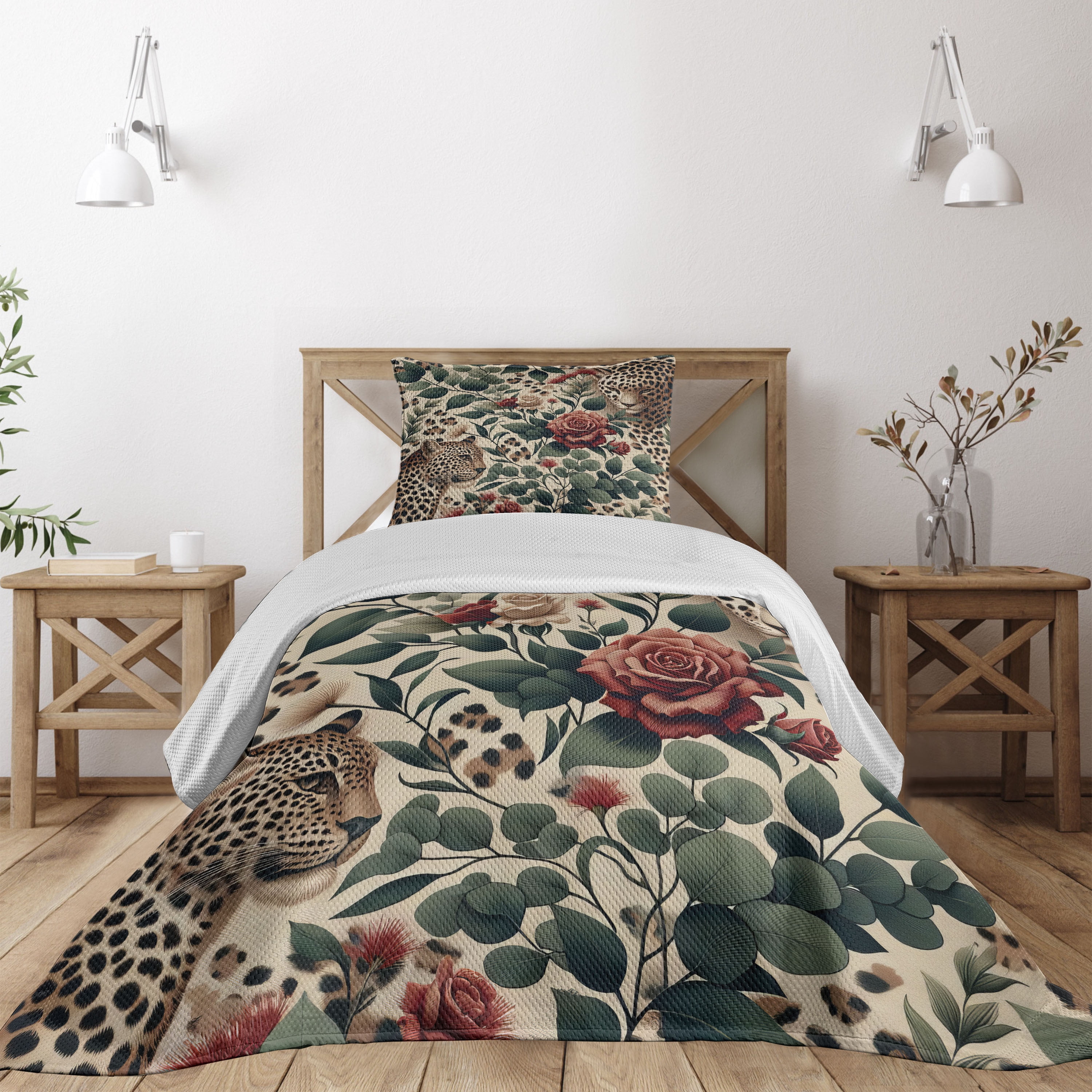 Ambesonne Leopard Quilted Coverlet 2 Pcs, Roses Leaves Wild Animals ...