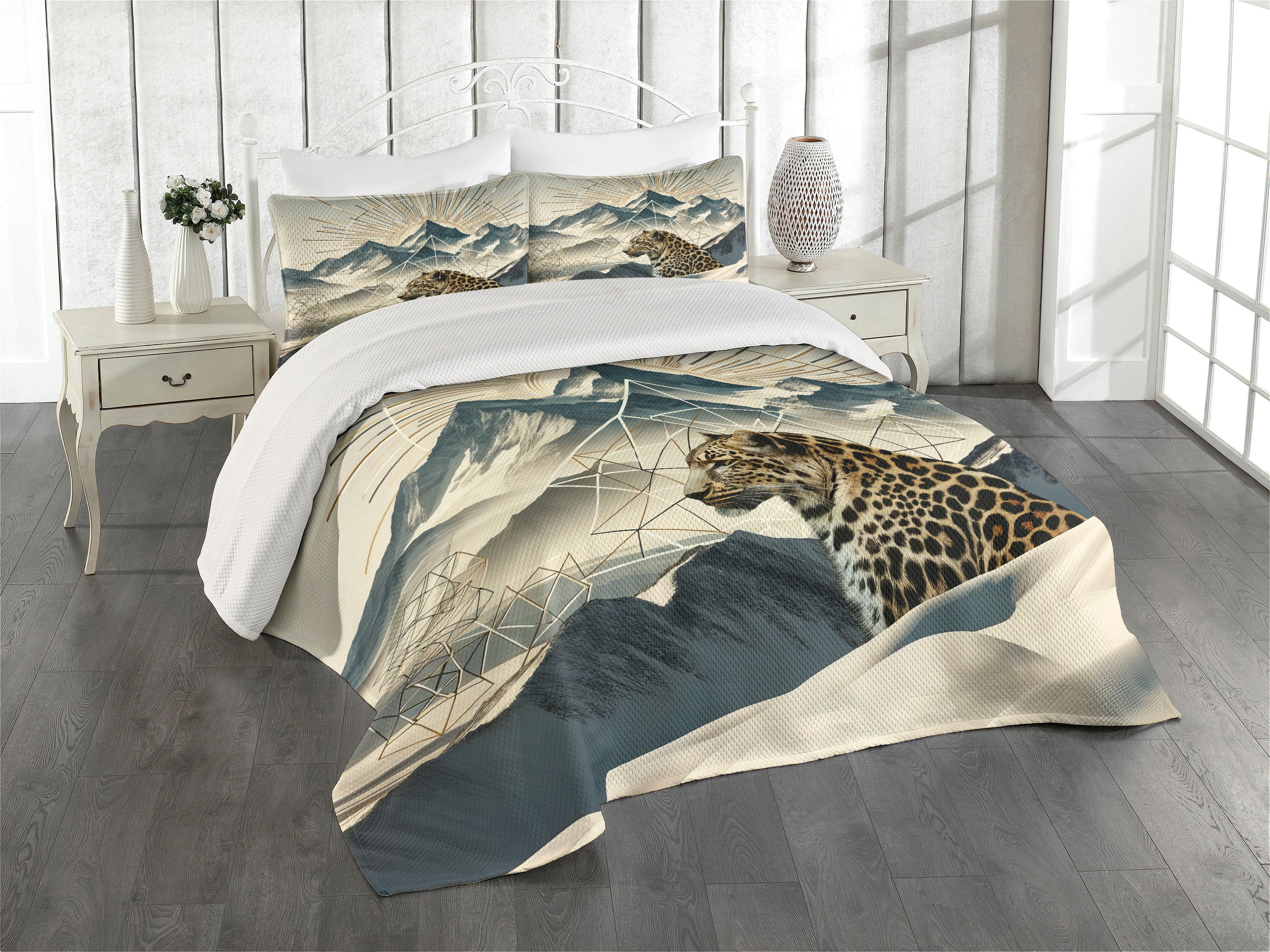 Ambesonne Leopard Quilted Coverlet 3 Pcs, Boho Mountains and Wild Cat ...