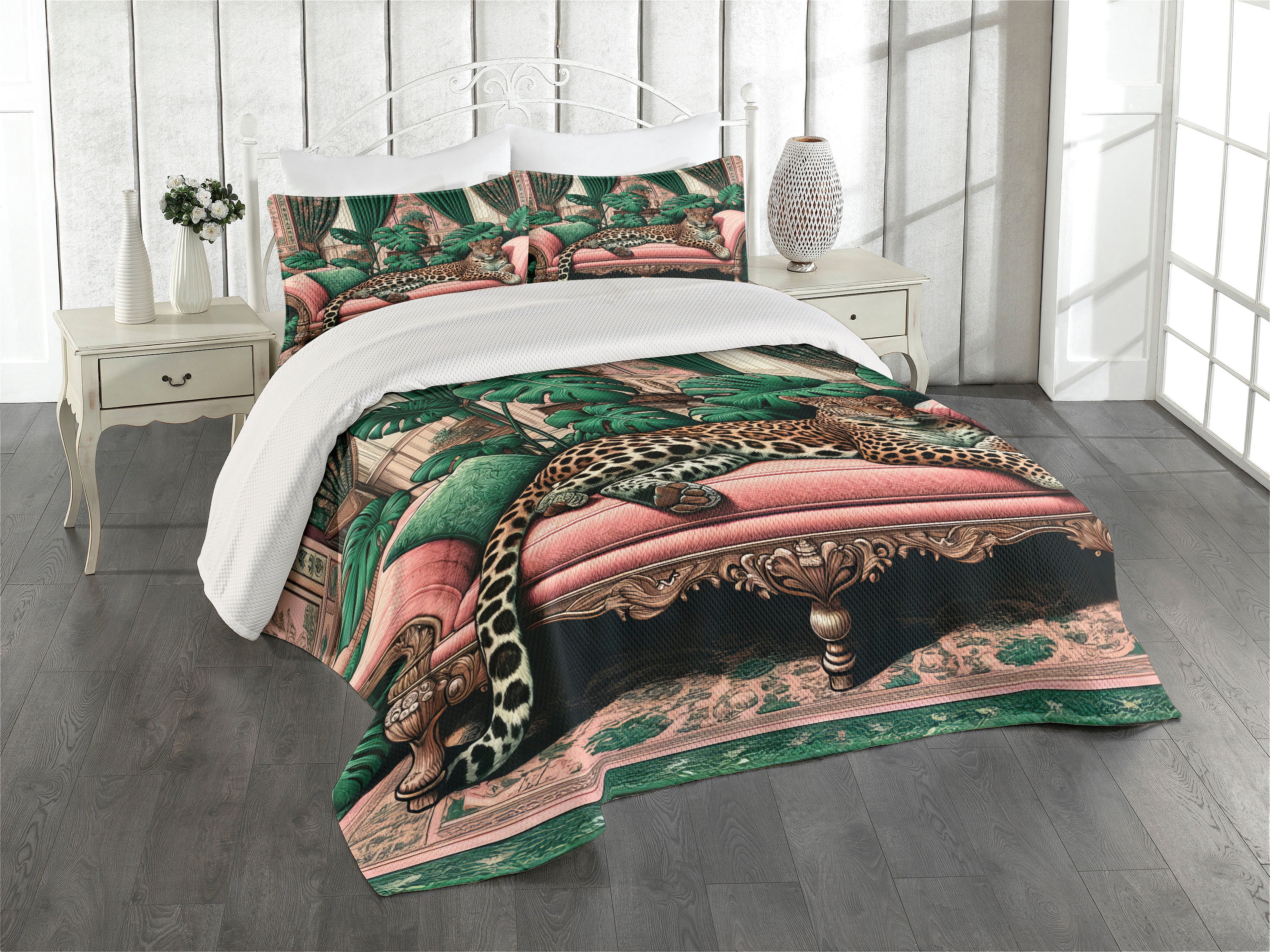 Ambesonne Leopard Quilted Coverlet 3 Pcs, Monsteras Wild Cat Lounge ...