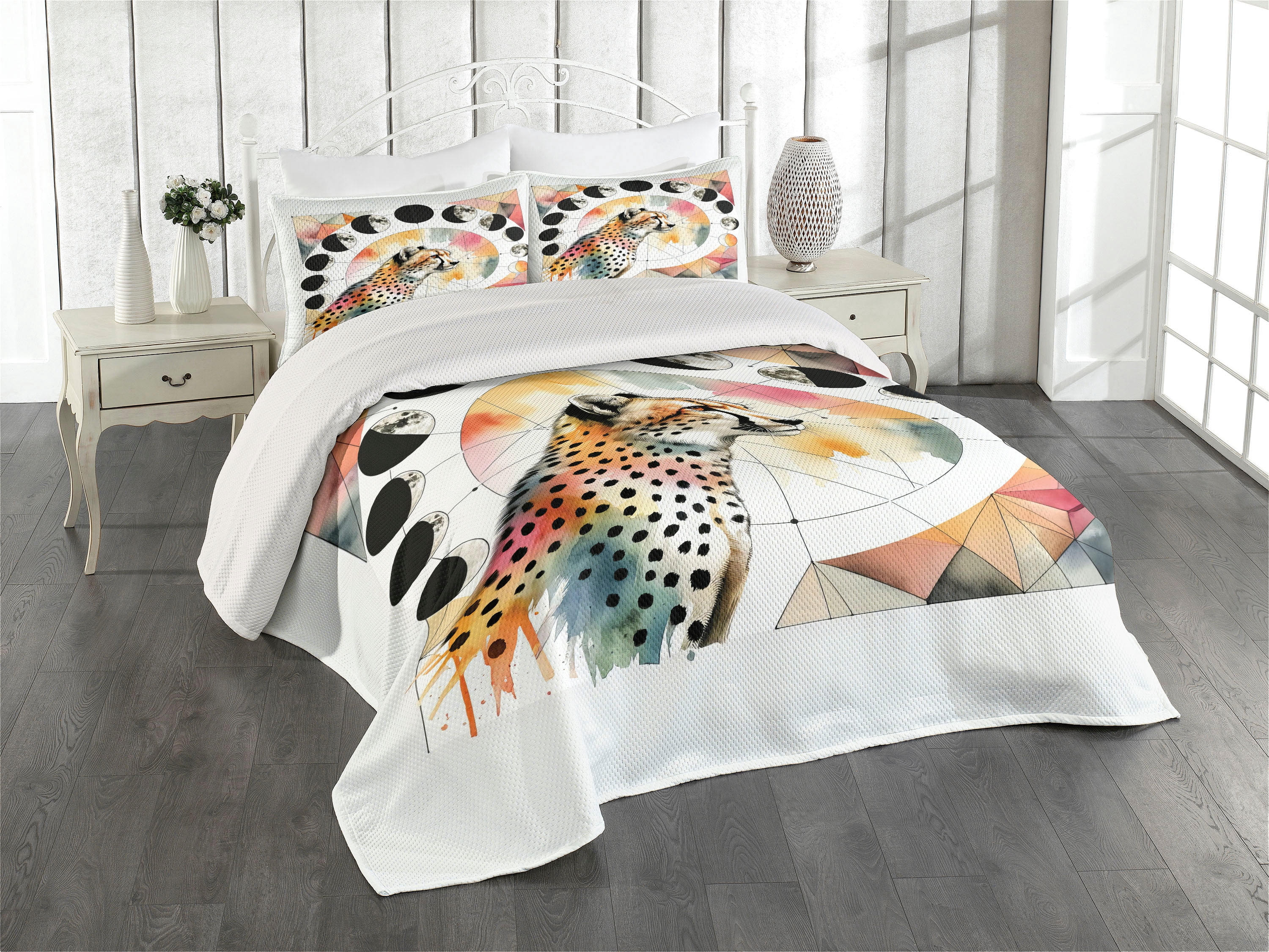 Ambesonne Leopard Quilted Coverlet 3 Pcs, Watercolor Art Poly Moon ...