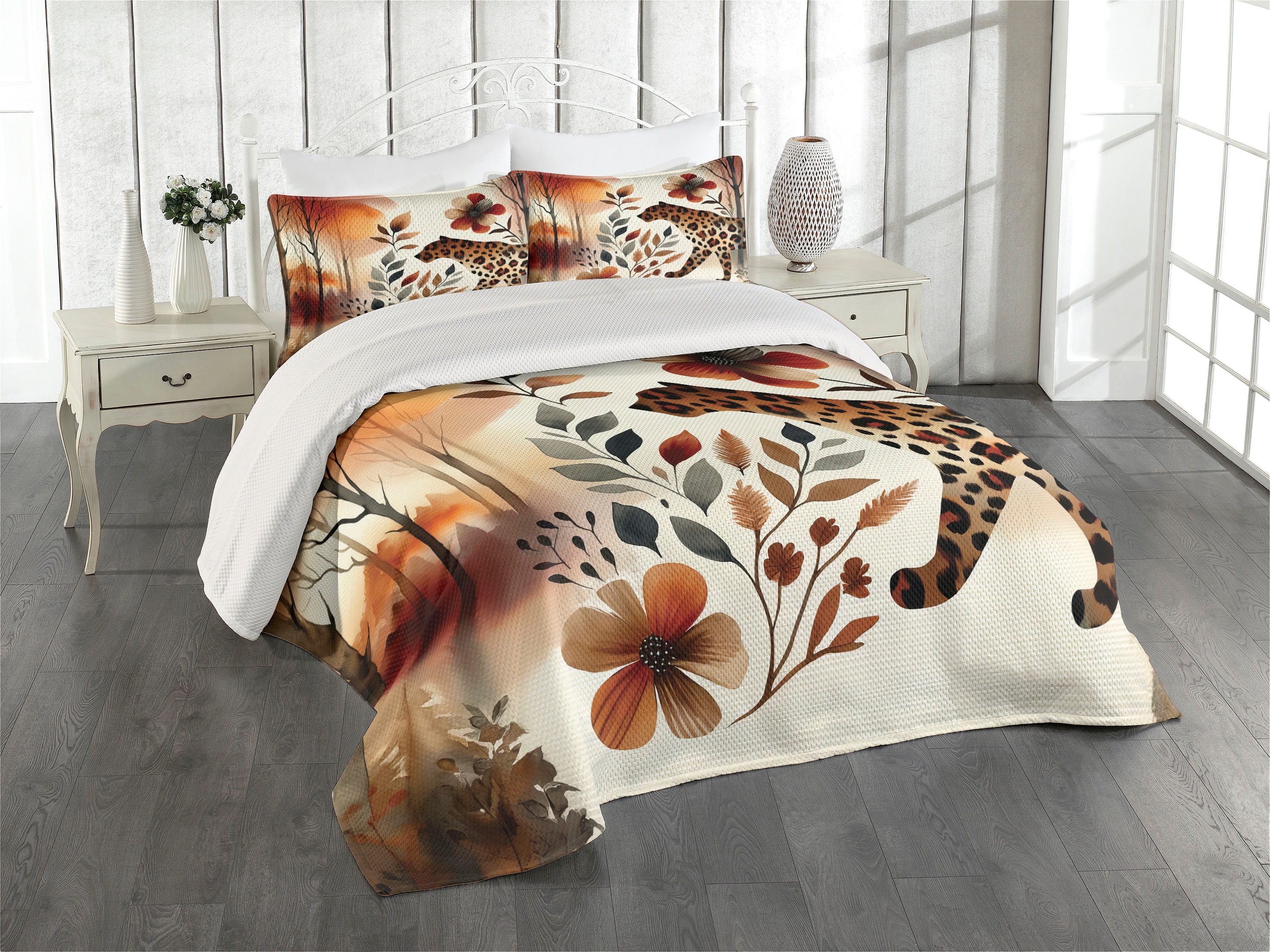 Ambesonne Leopard Quilted Coverlet 3 Pcs, Wild Autumn Woodland Art ...