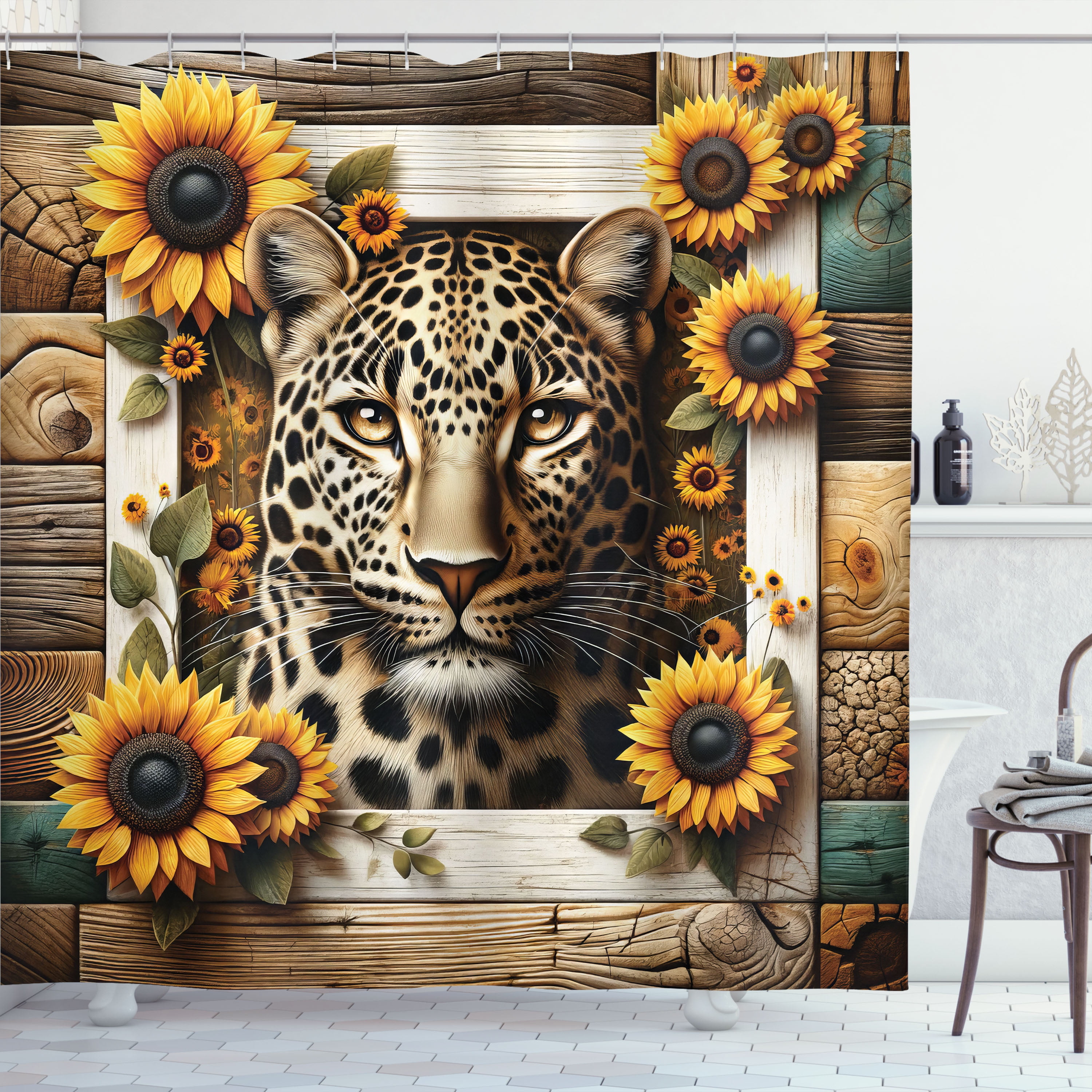 Ambesonne Leopard Shower Curtain, Farmhouse Sunflowers Rustic, 69"Wx75 ...