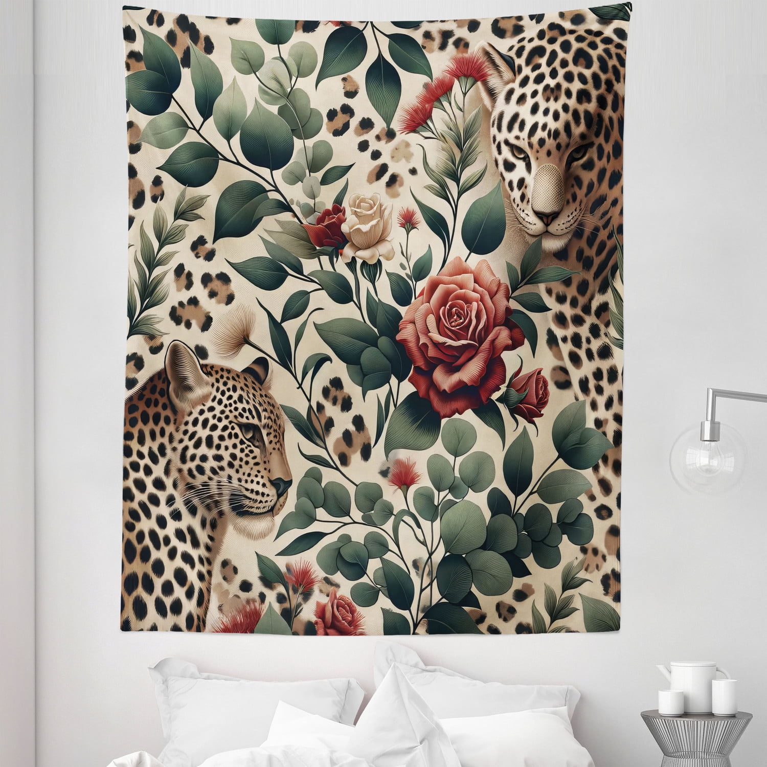 Ambesonne Leopard Tapestry Twin Size, Roses Leaves Wild Animals, 68"x88 ...