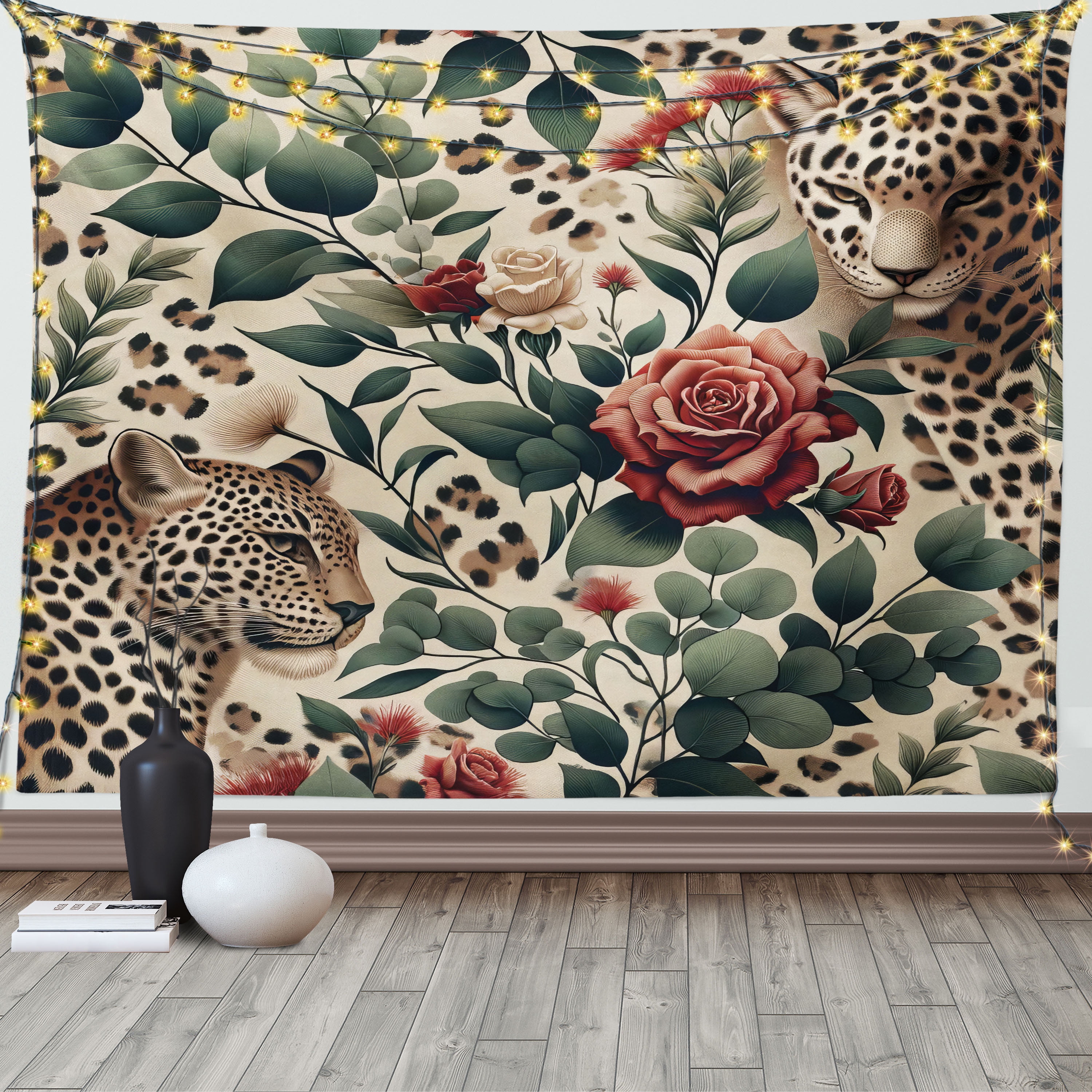 Ambesonne Leopard Tapestry Wall Hanging, Roses Leaves Wild Animals, 80 ...
