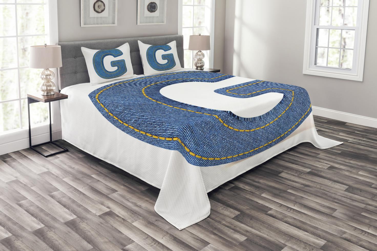 Ambesonne Letter G Quilted Bedspread Set 3 Pcs, Modern Denim Cloth ...