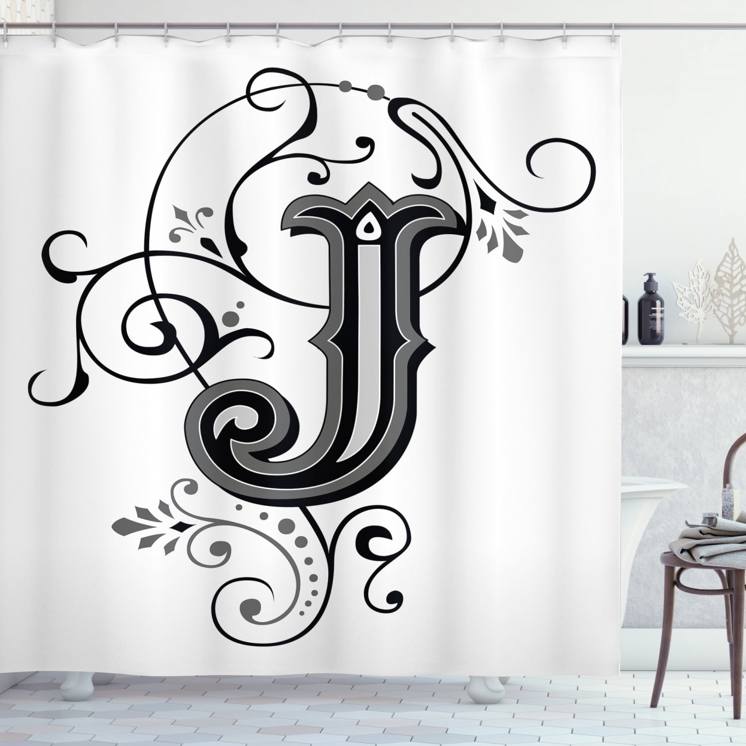 Ambesonne Letter J Shower Curtain, Noble Royal Initials J, 69"Wx84"L ...