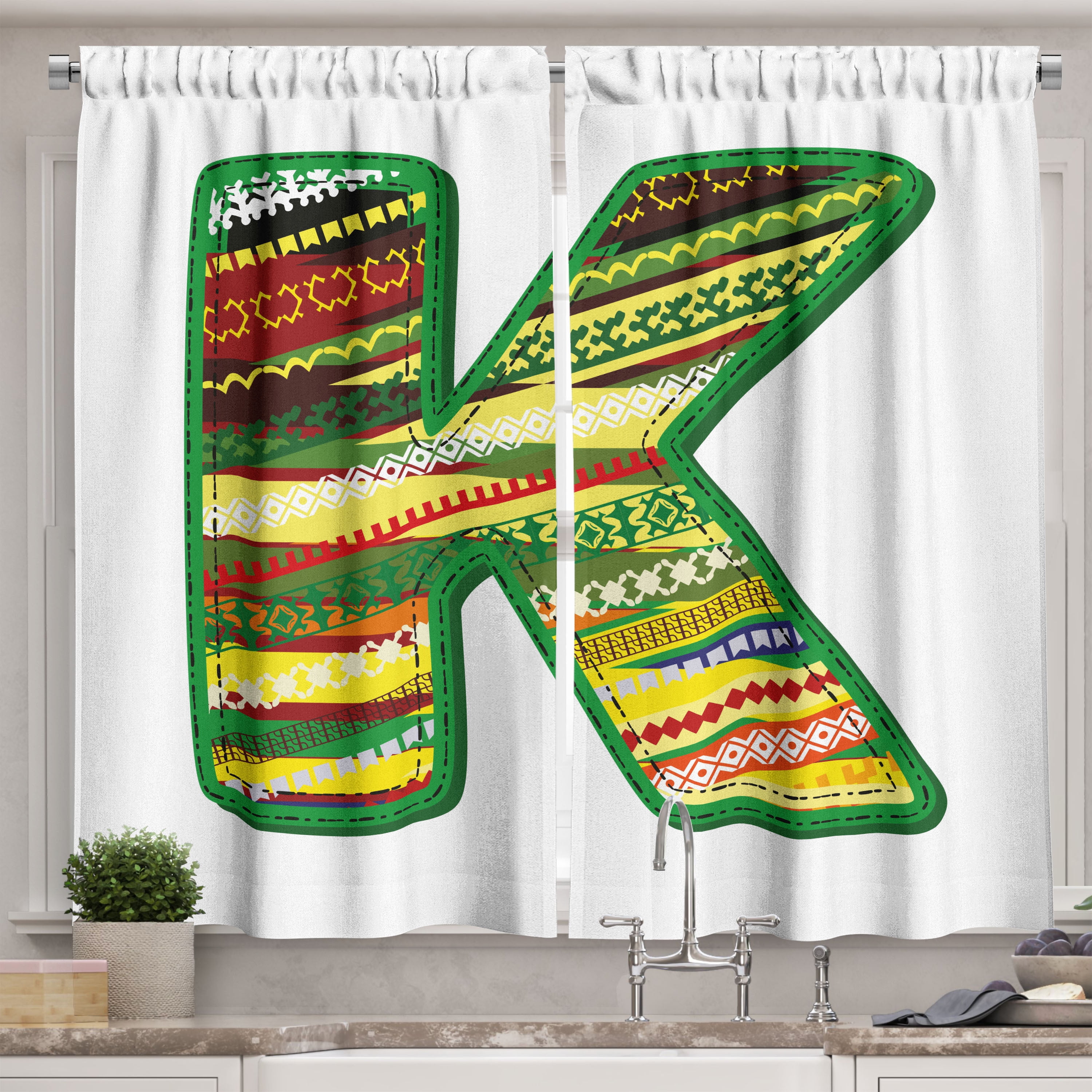 Ambesonne Letter K Kitchen Curtains, K Green Fun, 55"x39", Multicolor ...